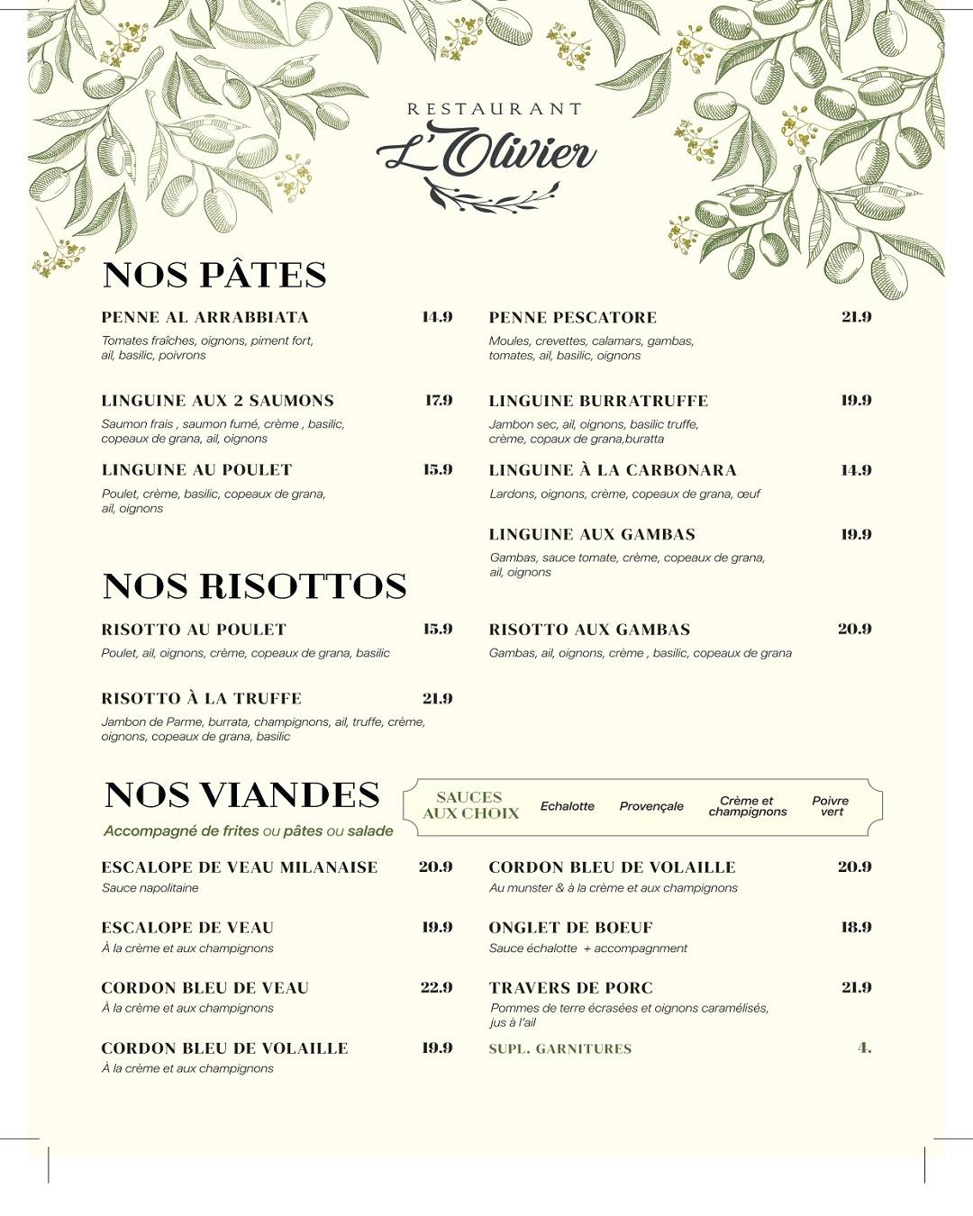 Menu au L'olivier Restaurant, Pfaffenhoffen
