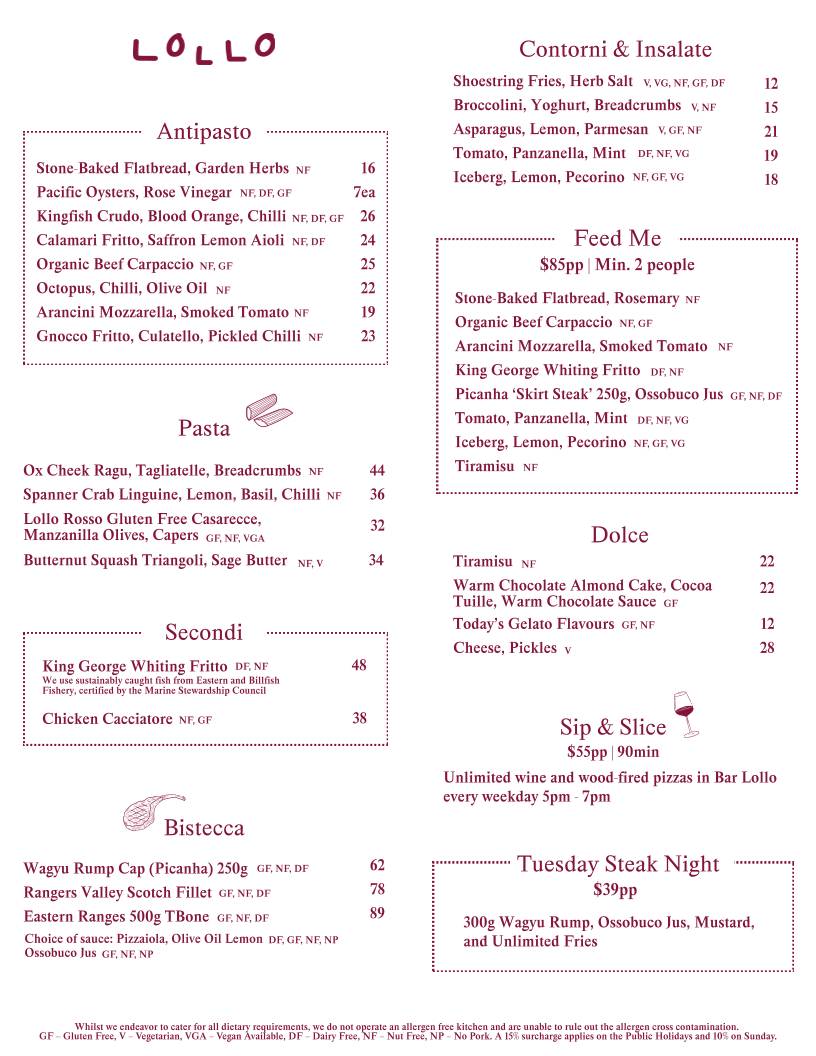 Menu at Lollo restaurant, Melbourne