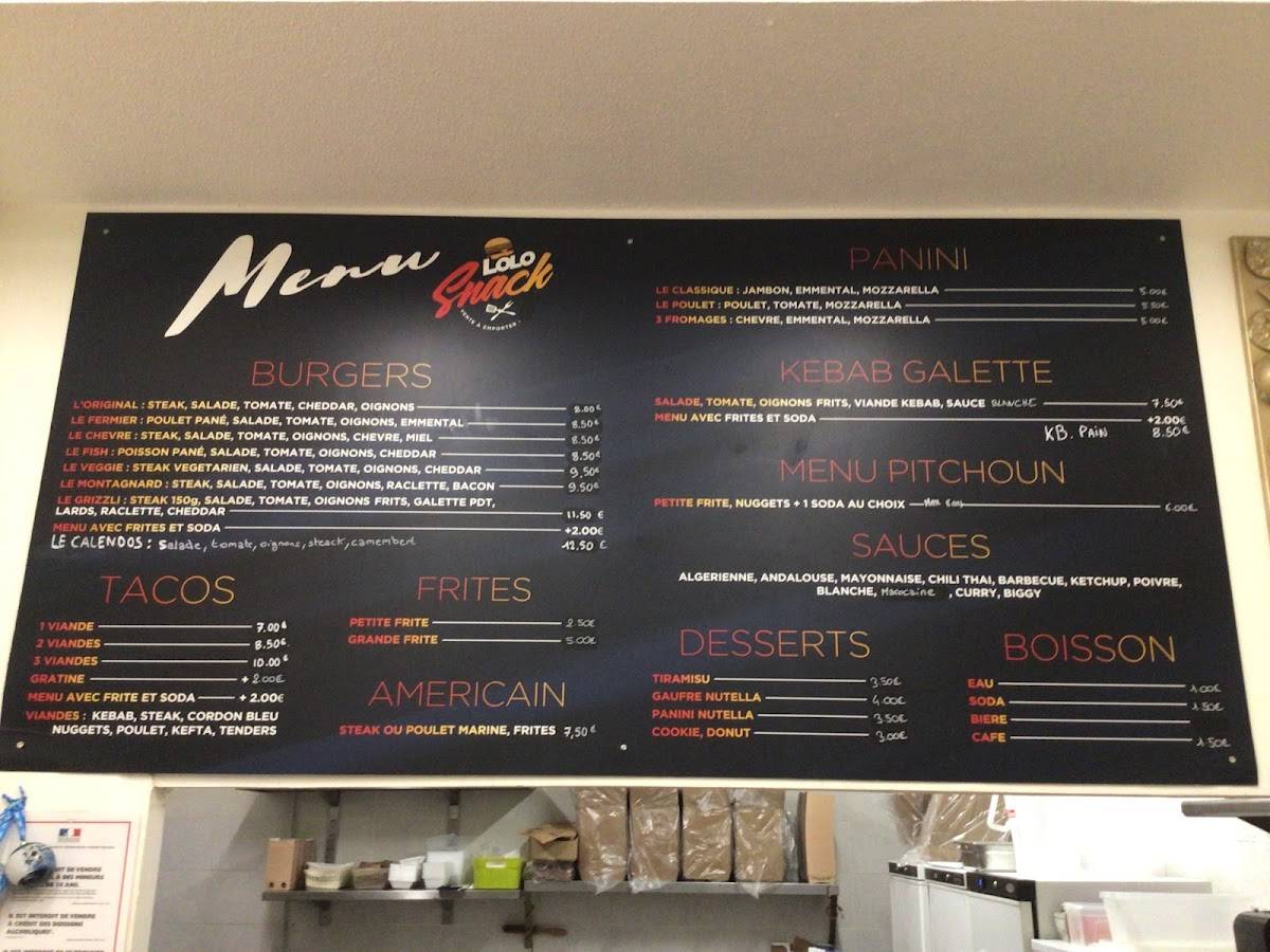 Menu au Lolo Snack restaurant, Valergues