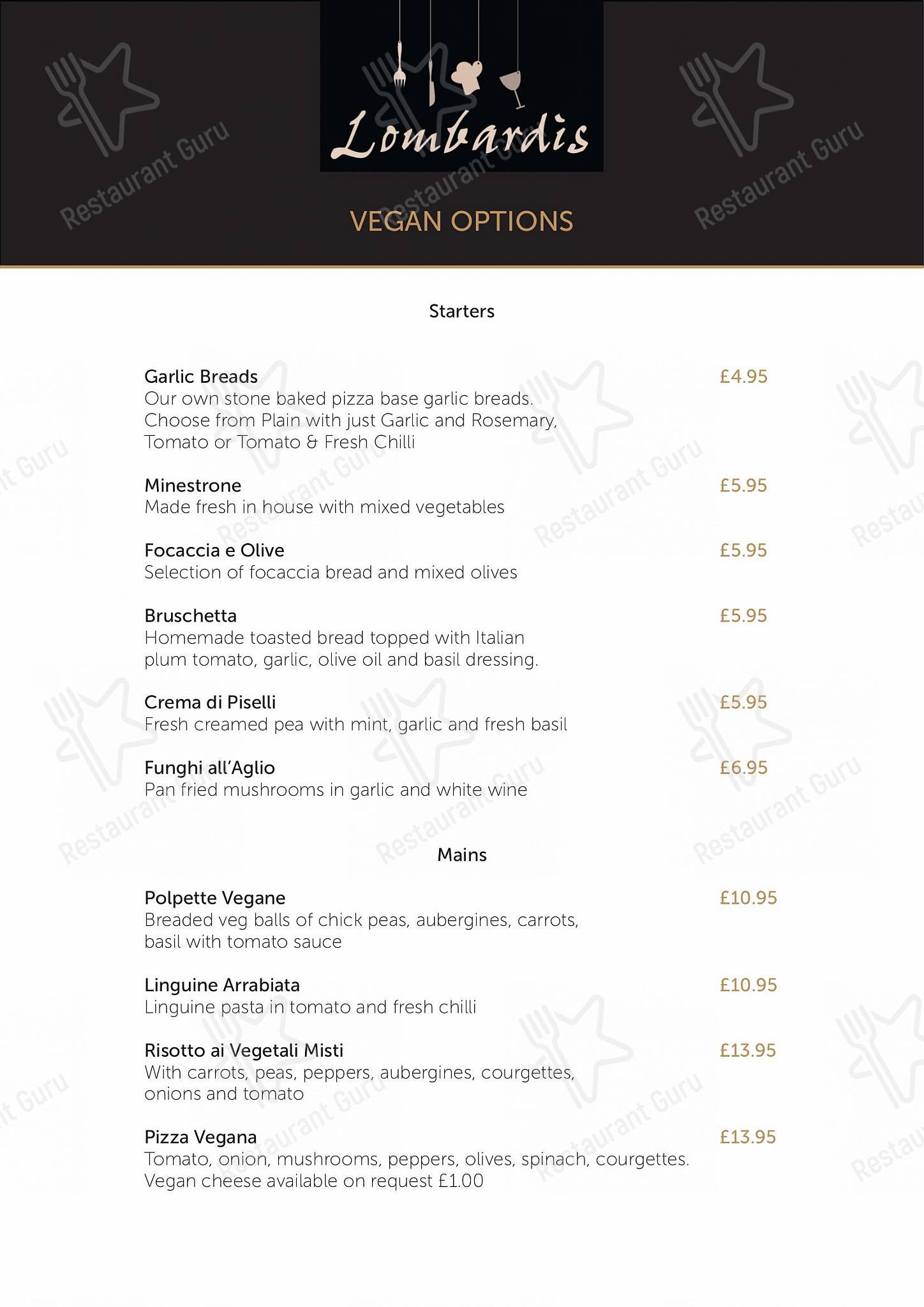 Menu at Lombardi's Ristorante Italiano, Chesterfield
