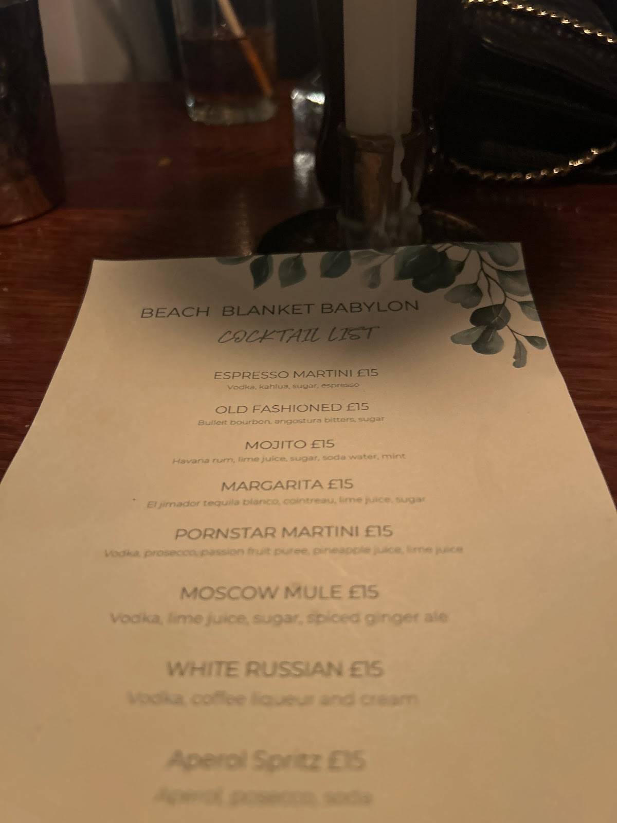 Menu at Beach Blanket Babylon pub & bar, London, 45 Ledbury Rd