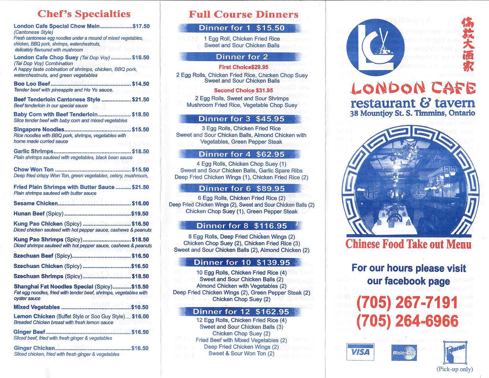 Menu at London Cafe Restaurant & Tvrn, Timmins, 38 Mountjoy St S