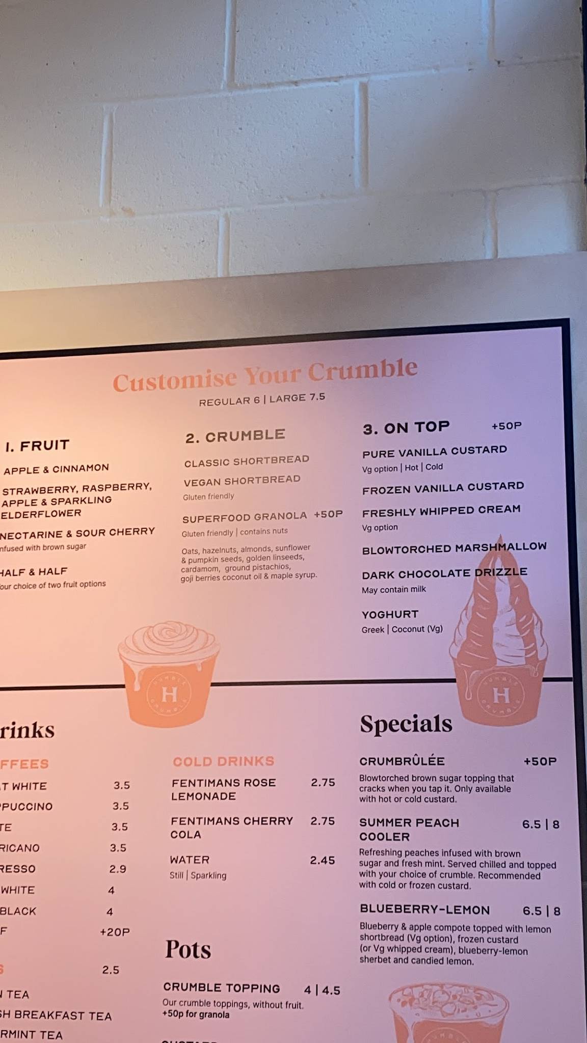 Menu at Humble Crumble restaurant, London, Old Spitalfields Market