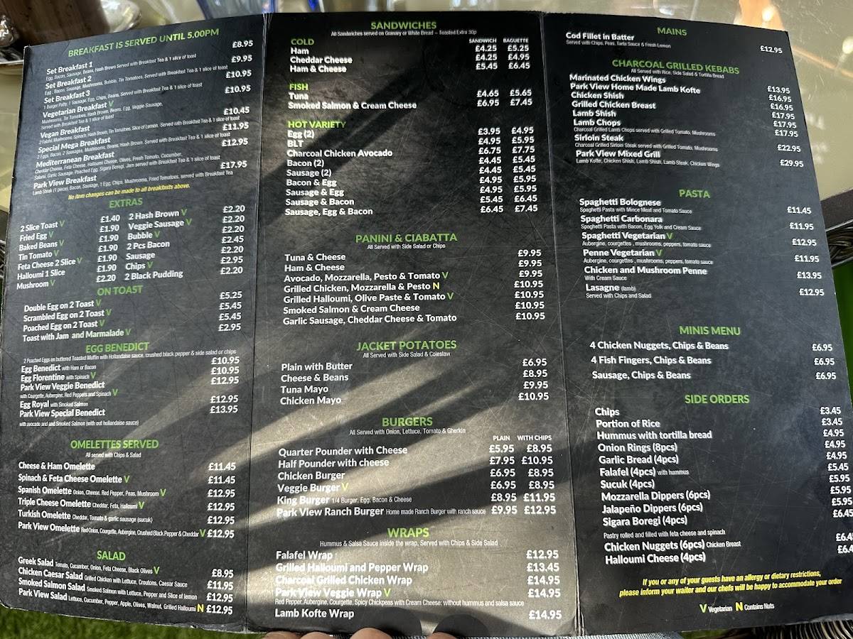 Menu at Park View Cafe, London, Manor House