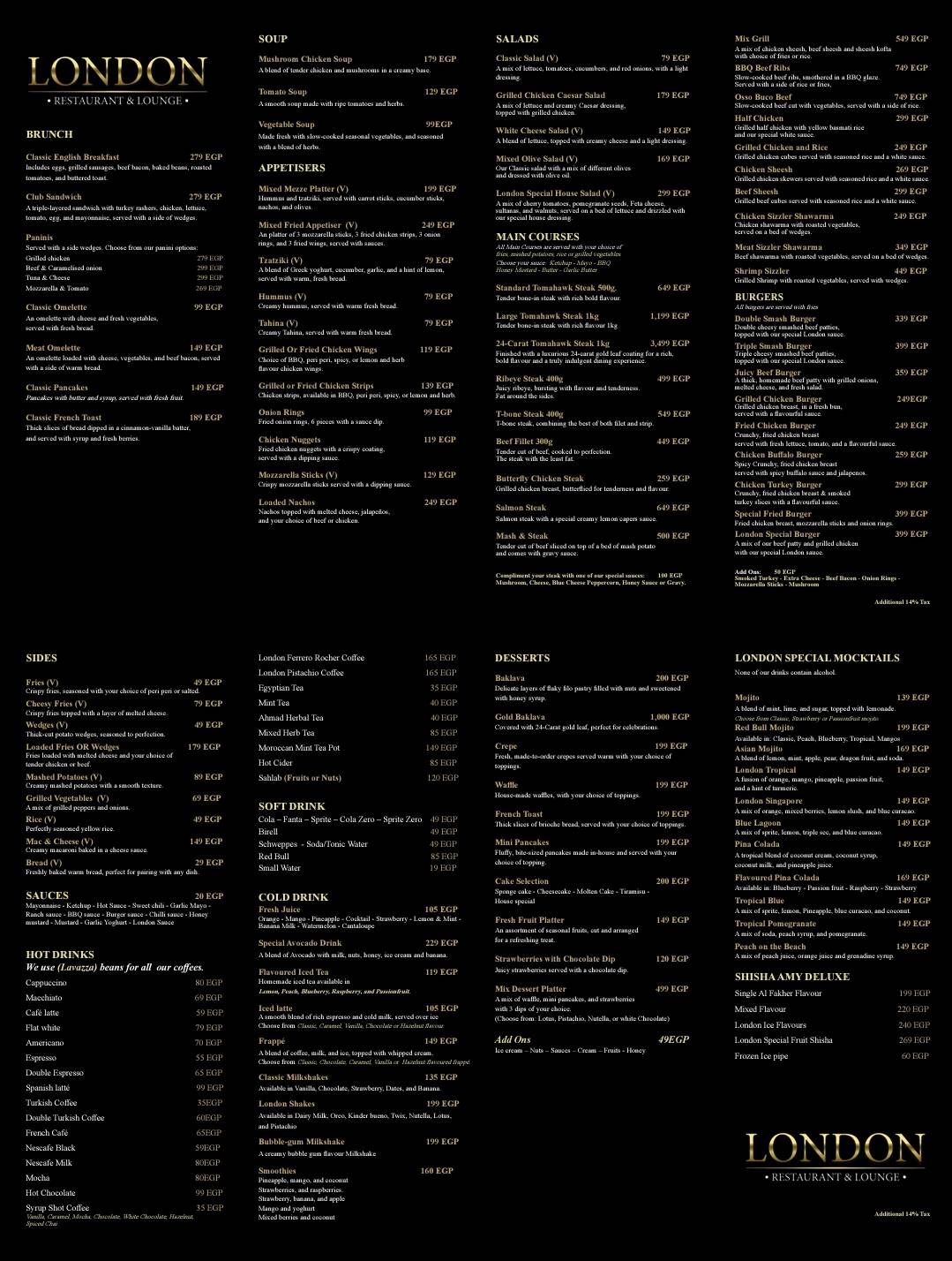 Menu au London Restaurant & Lounge, Hurghada