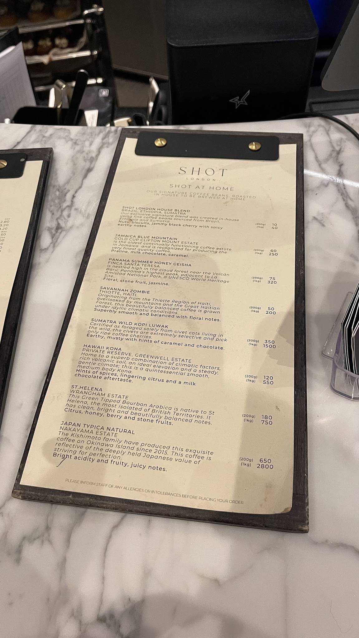 Menu at SHOT London - Mayfair cafe, London, 10A Berkeley St