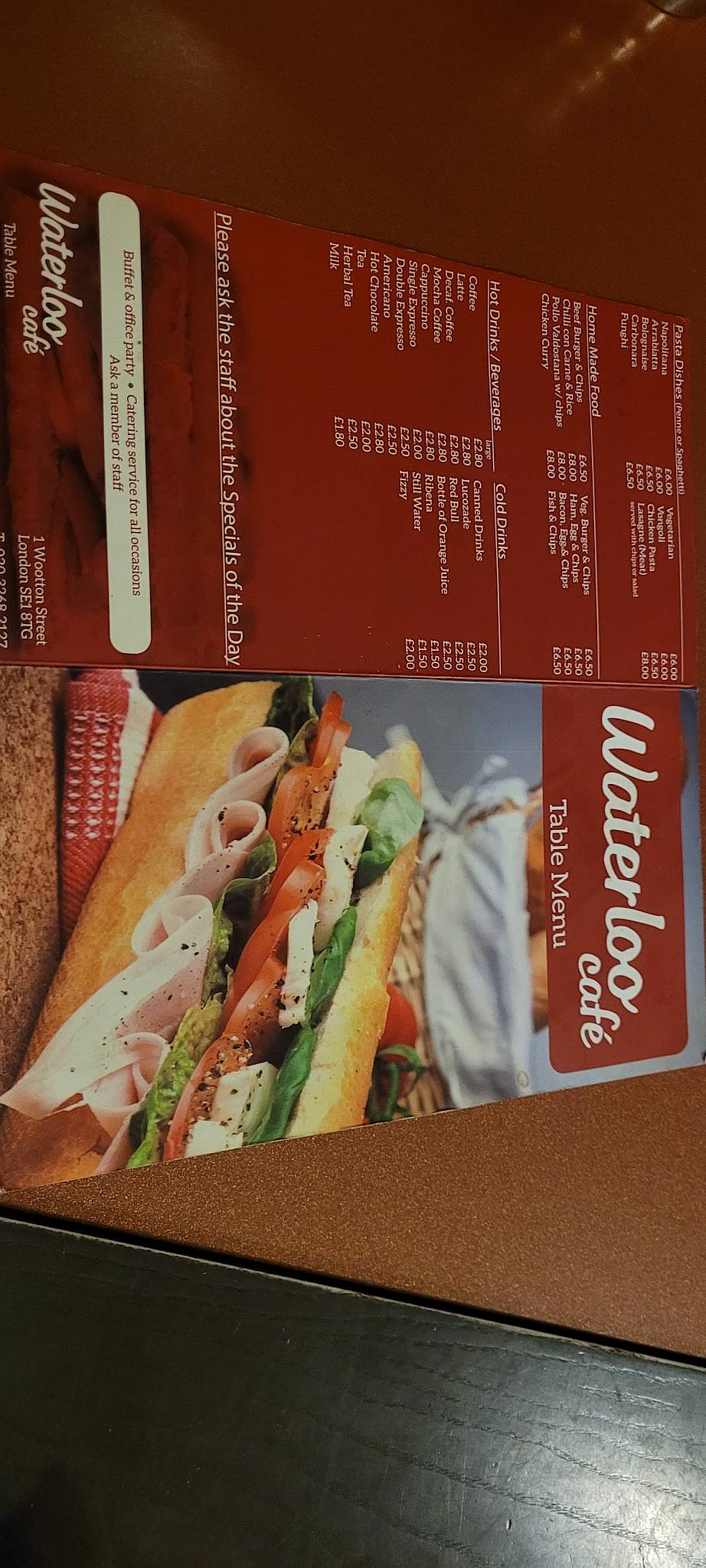 Menu at Waterloo Cafe, London