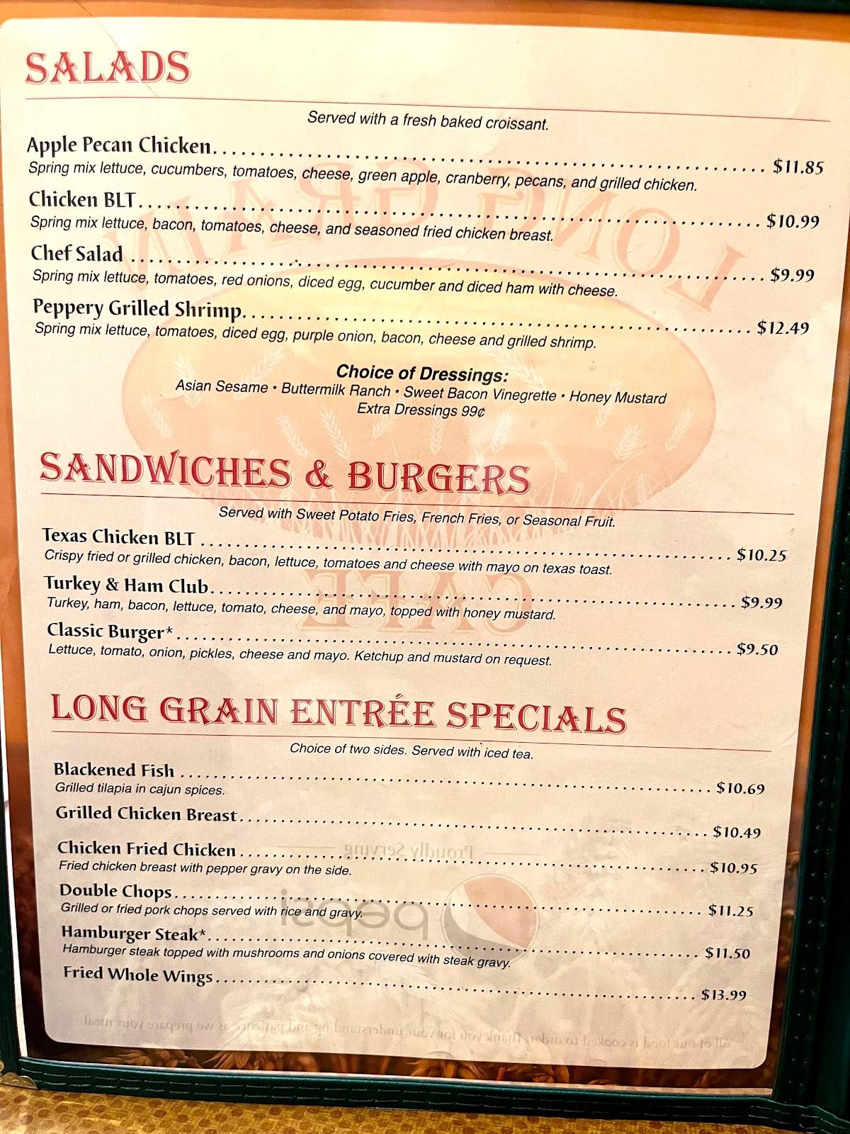 Menu at Long Grain Cafe, Florence