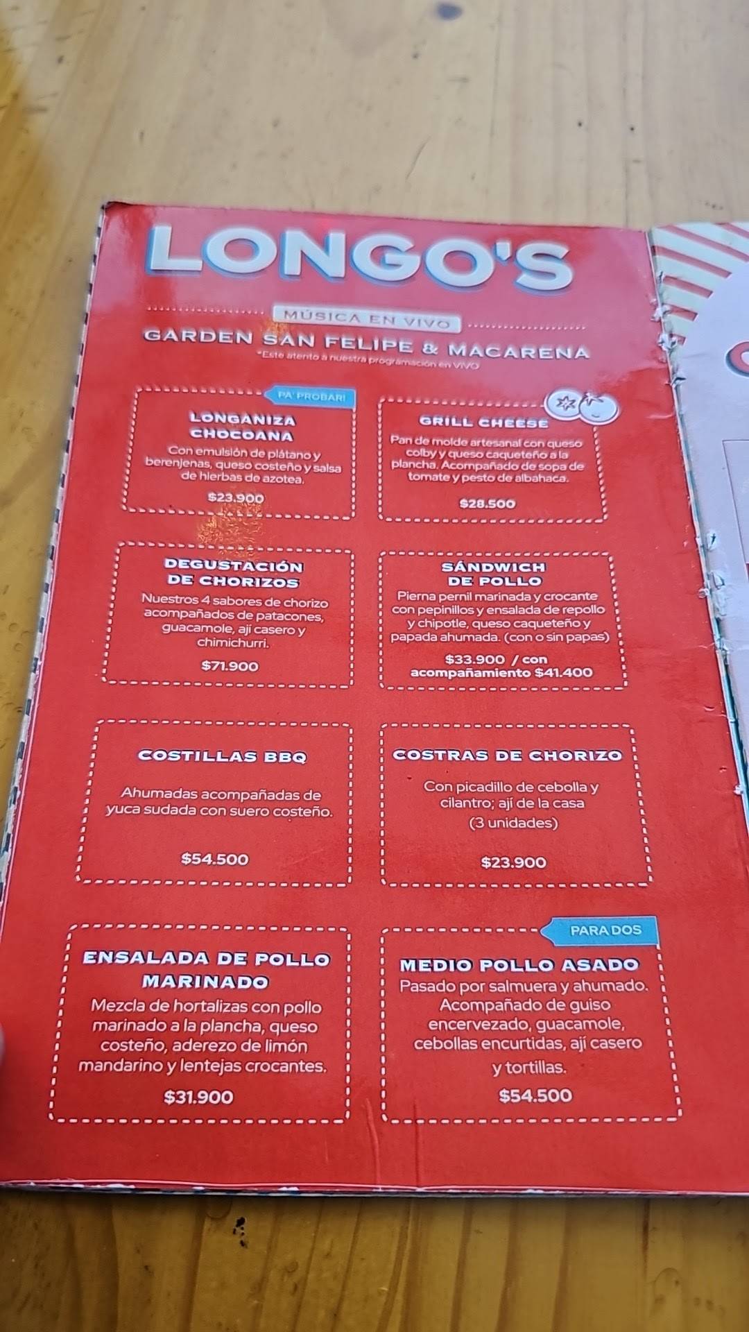 Menu at Longo's restaurant, Bogotá