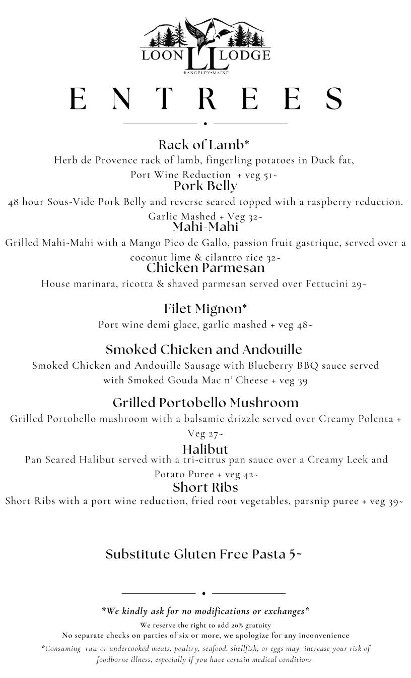Menu at Loon Lodge Inn and Restaurant, Rangeley