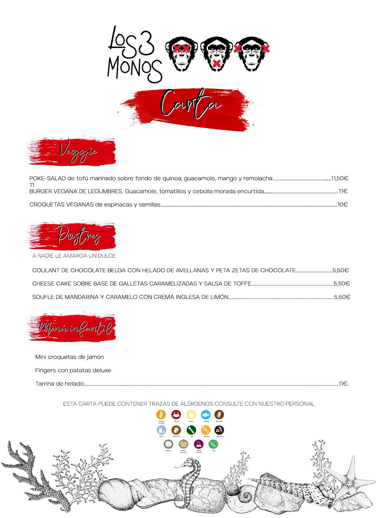 Carta del restaurante Los 3 Monos Aguete, Marín