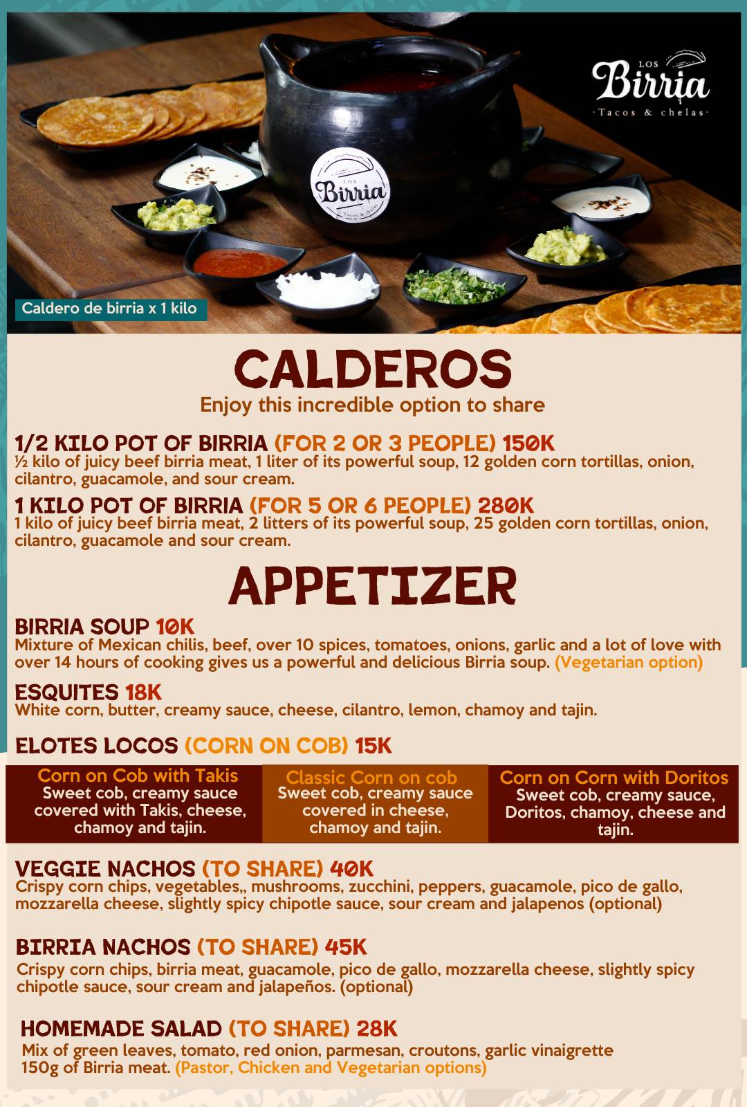 Carta de Los Birria Gastro-Bar, Medellín