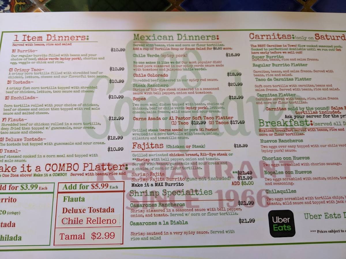Menu at Los Compadres restaurant, Hayward