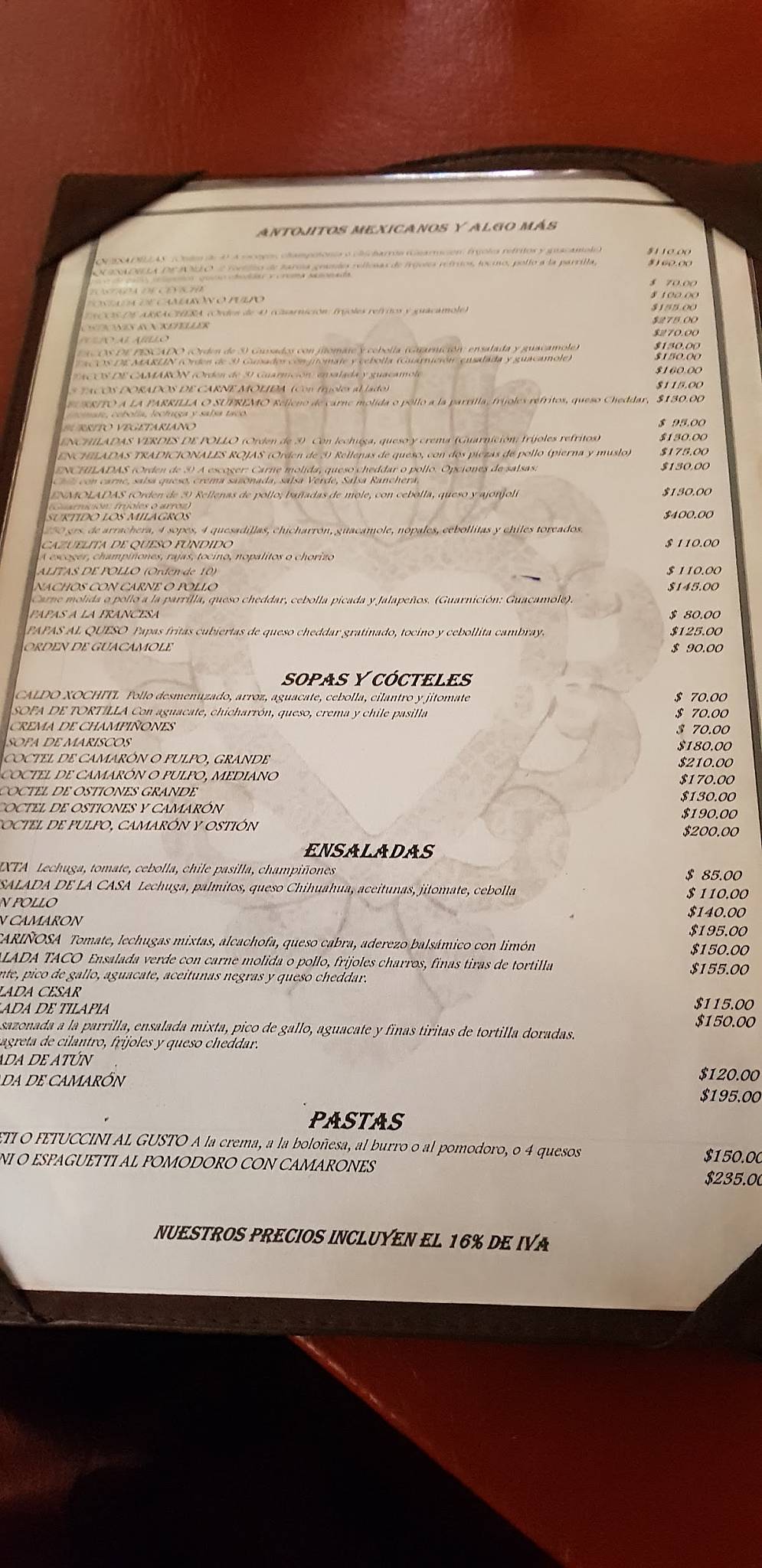 Menu at Los Milagros restaurant, San Miguel de Allende, Relox 17