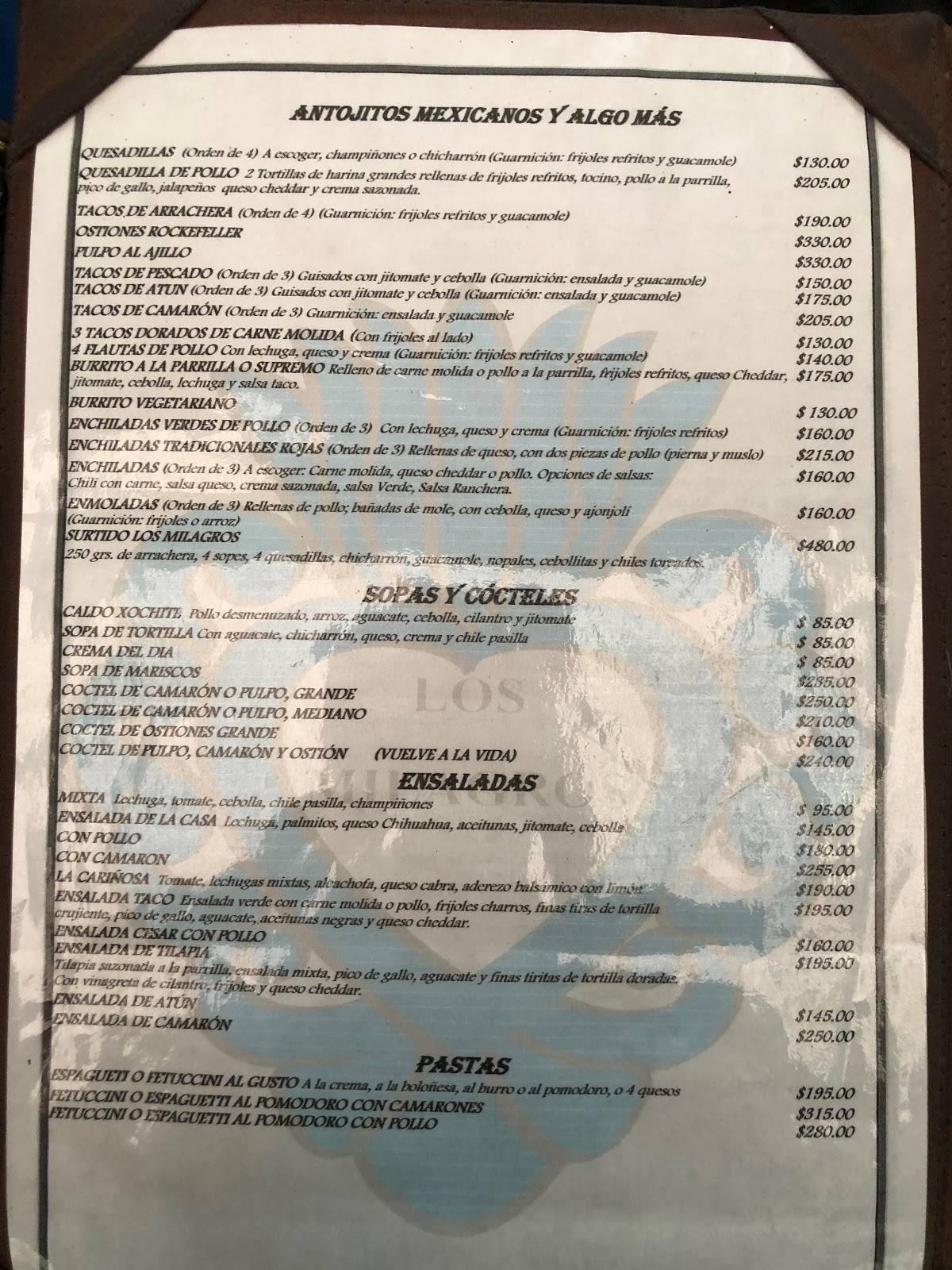 Menu at Los Milagros restaurant, San Miguel de Allende, Relox 17