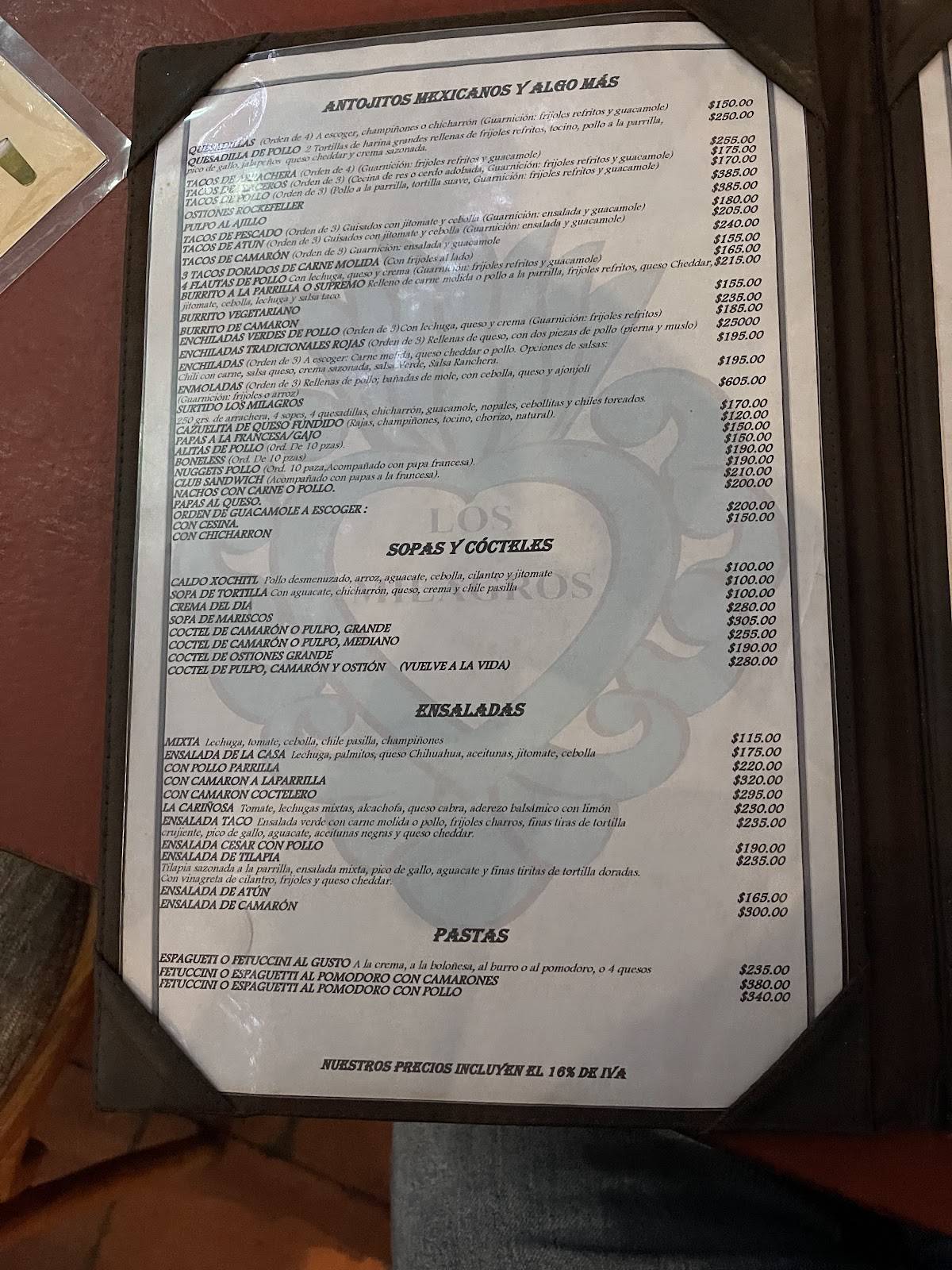 Menu at Los Milagros restaurant, San Miguel de Allende, Relox 17