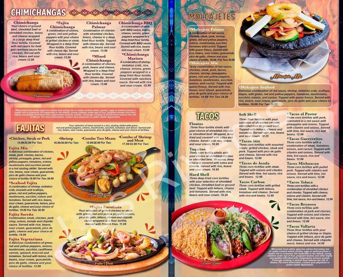 Menu at Los Rivera's restaurant, Oshkosh