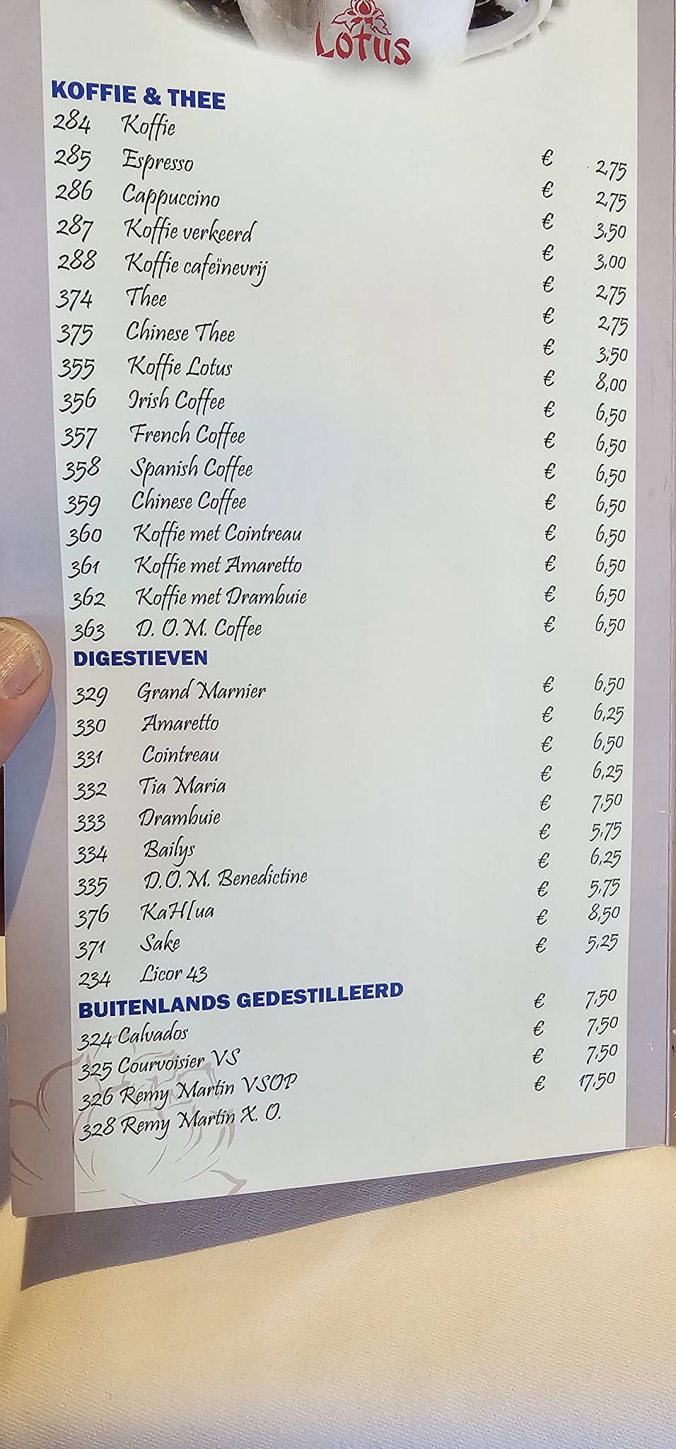 Menu at Lotus, Brielle