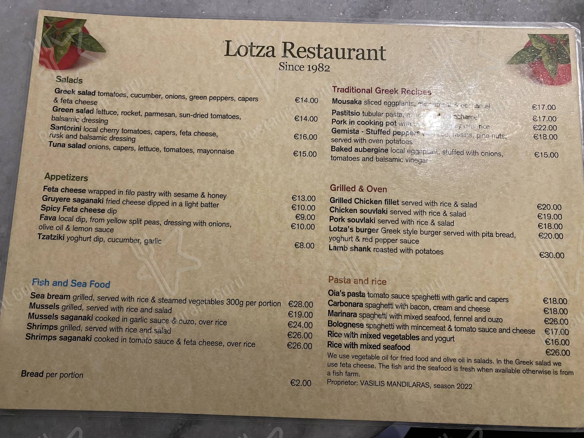 Menu at Lotza, Oia