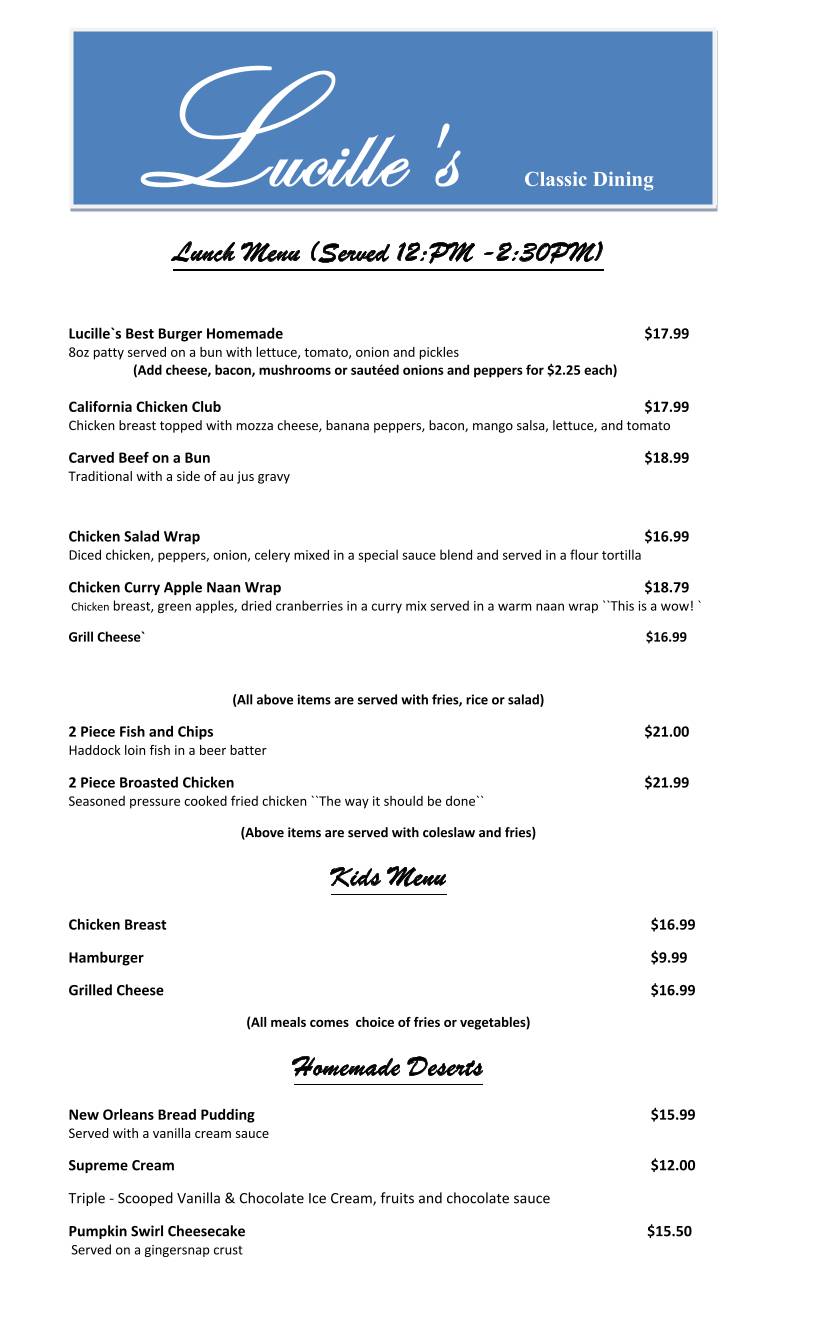 Menu at Lucille's Classic Dining Restaurant, Wiarton