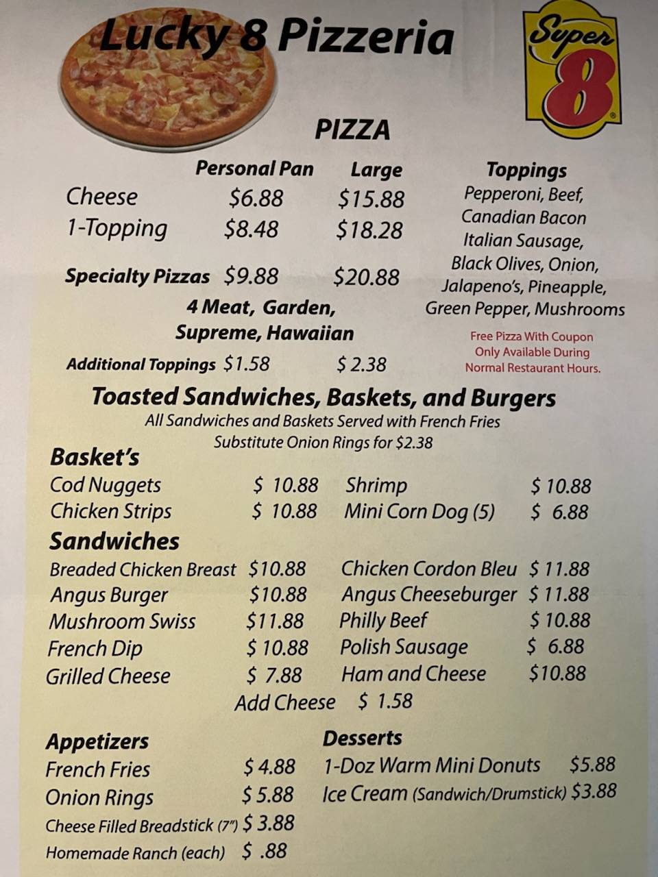 Menu at Lucky 8 Pizzeria, Deadwood