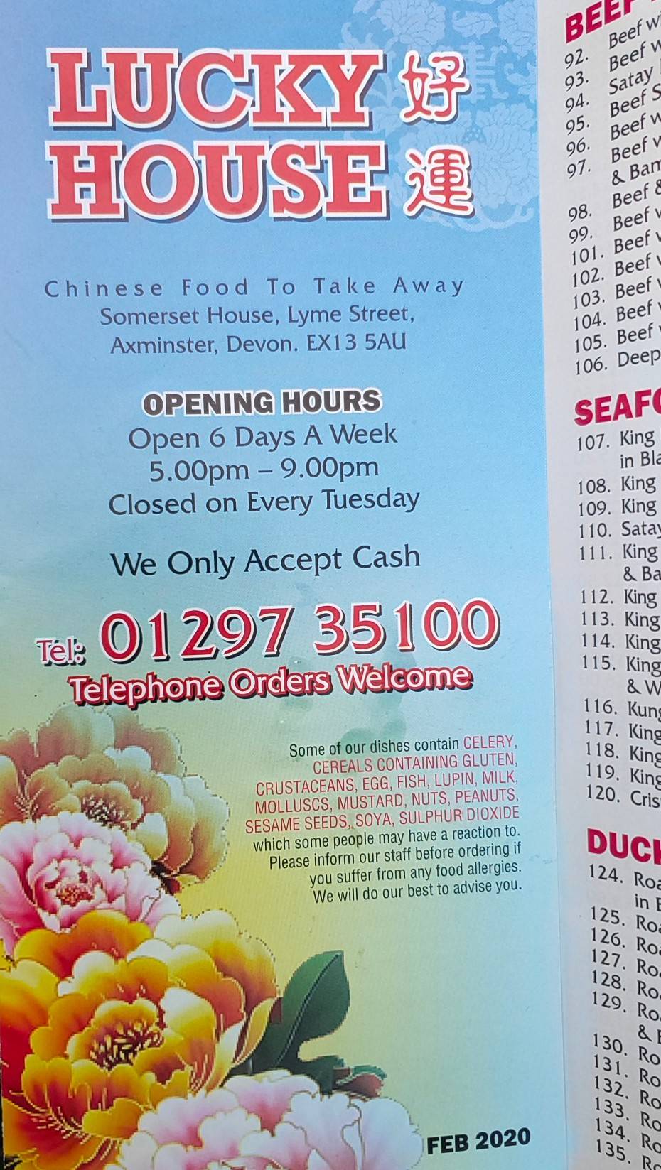 Menu at Lucky House Chinese Takeaway restaurant, Axminster