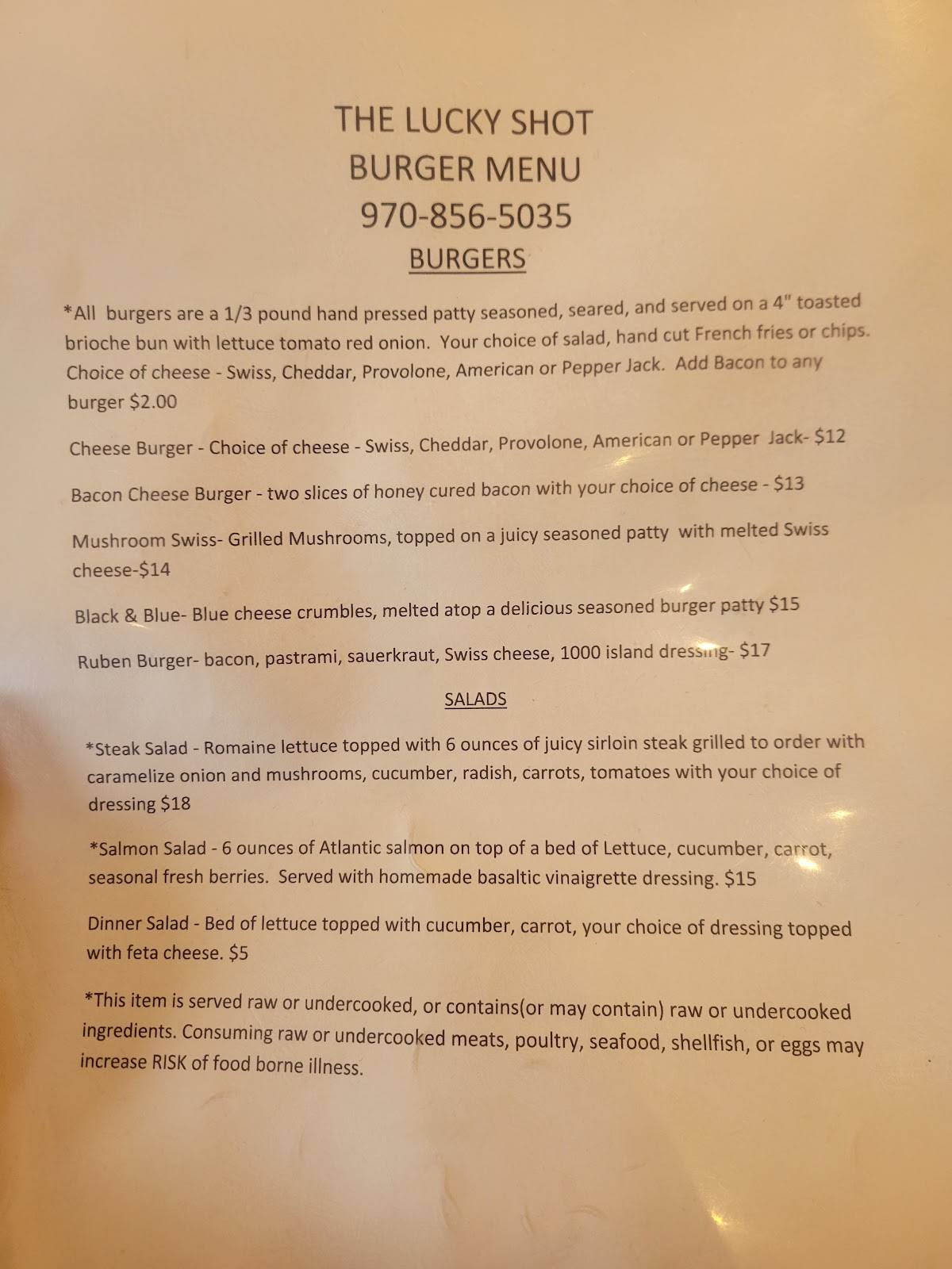 Menu at Lucky Shot at Cedaredge Golf pub & bar, Cedaredge