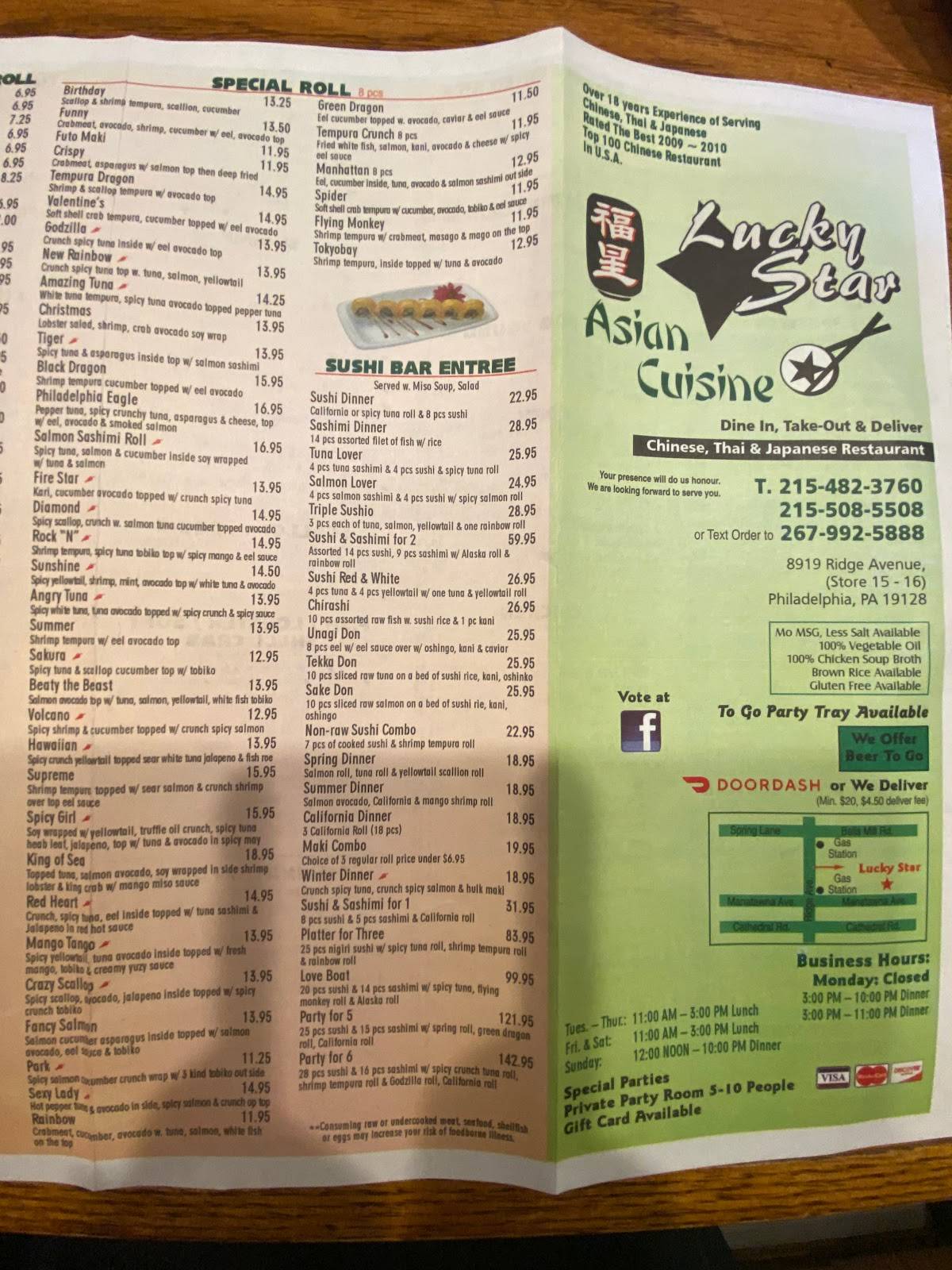 Menu at Lucky Star Asian Cuisine restaurant, Philadelphia, Ridge Ave ...