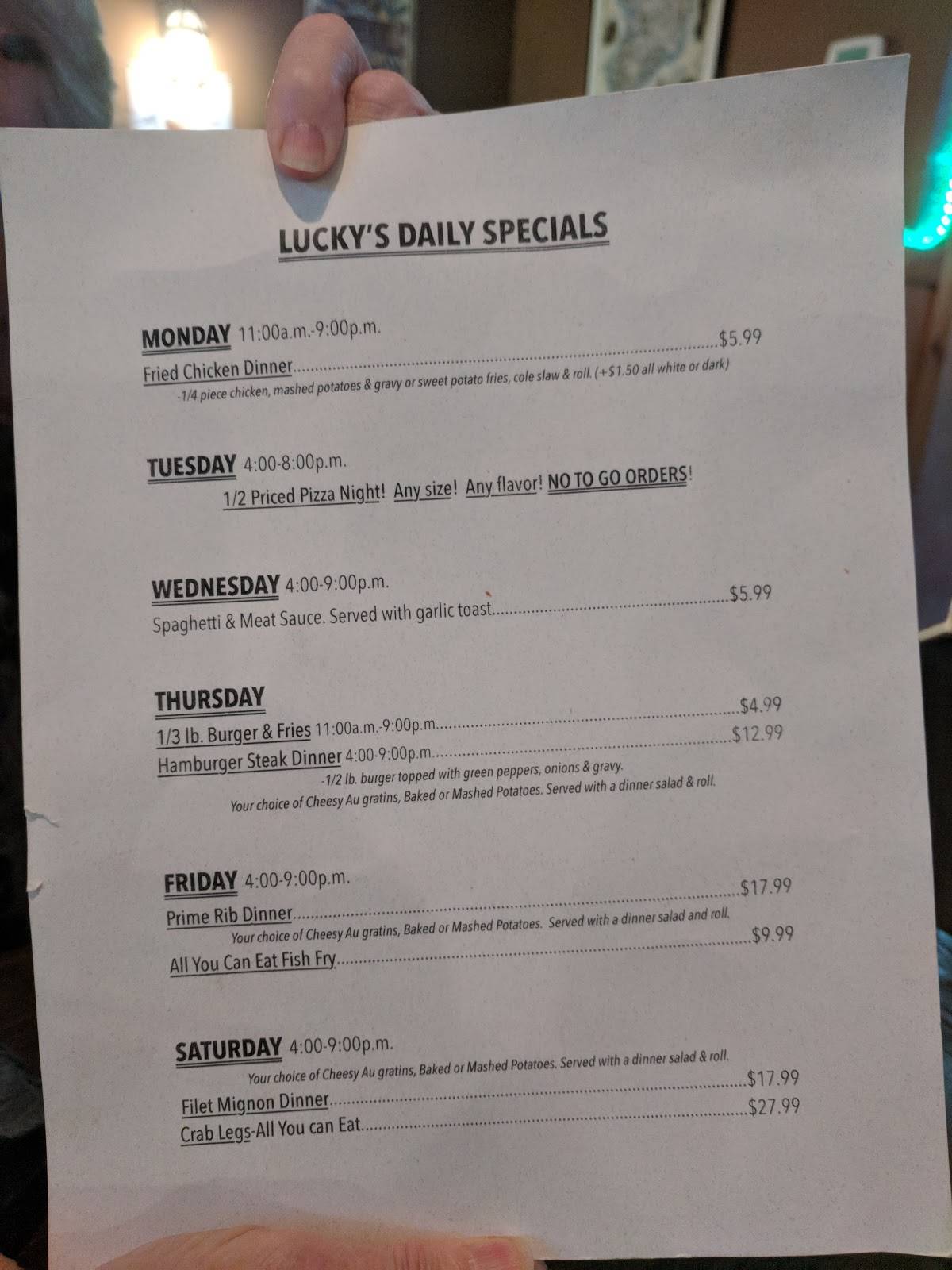 Menu at Lucky's Tavern pub & bar, Pequot Lakes