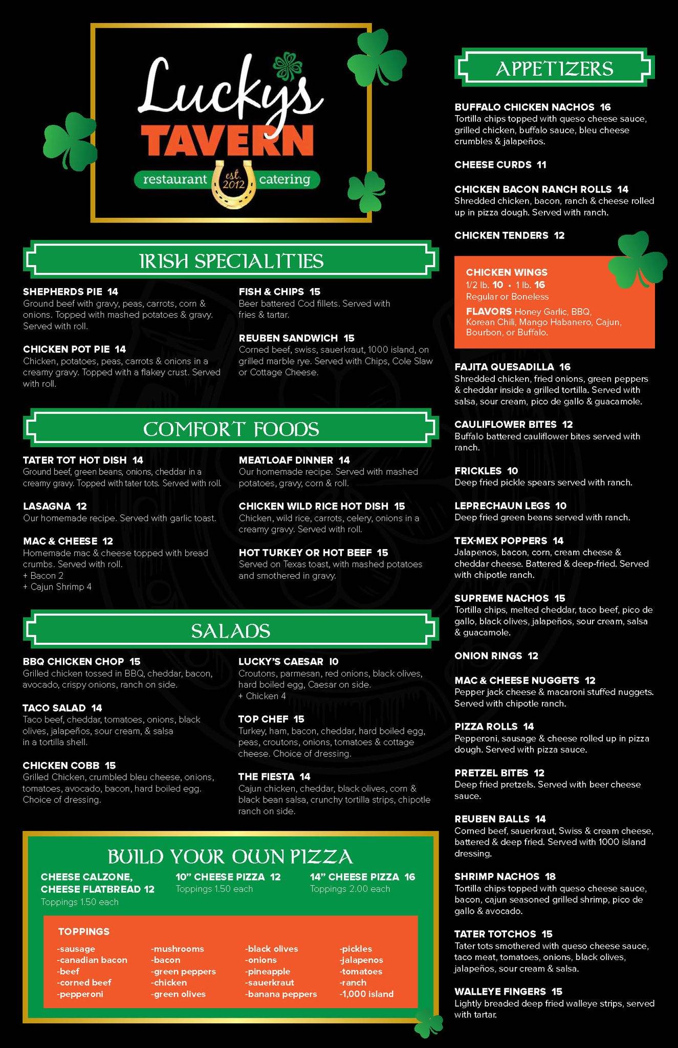 Menu at Lucky's Tavern pub & bar, Pequot Lakes