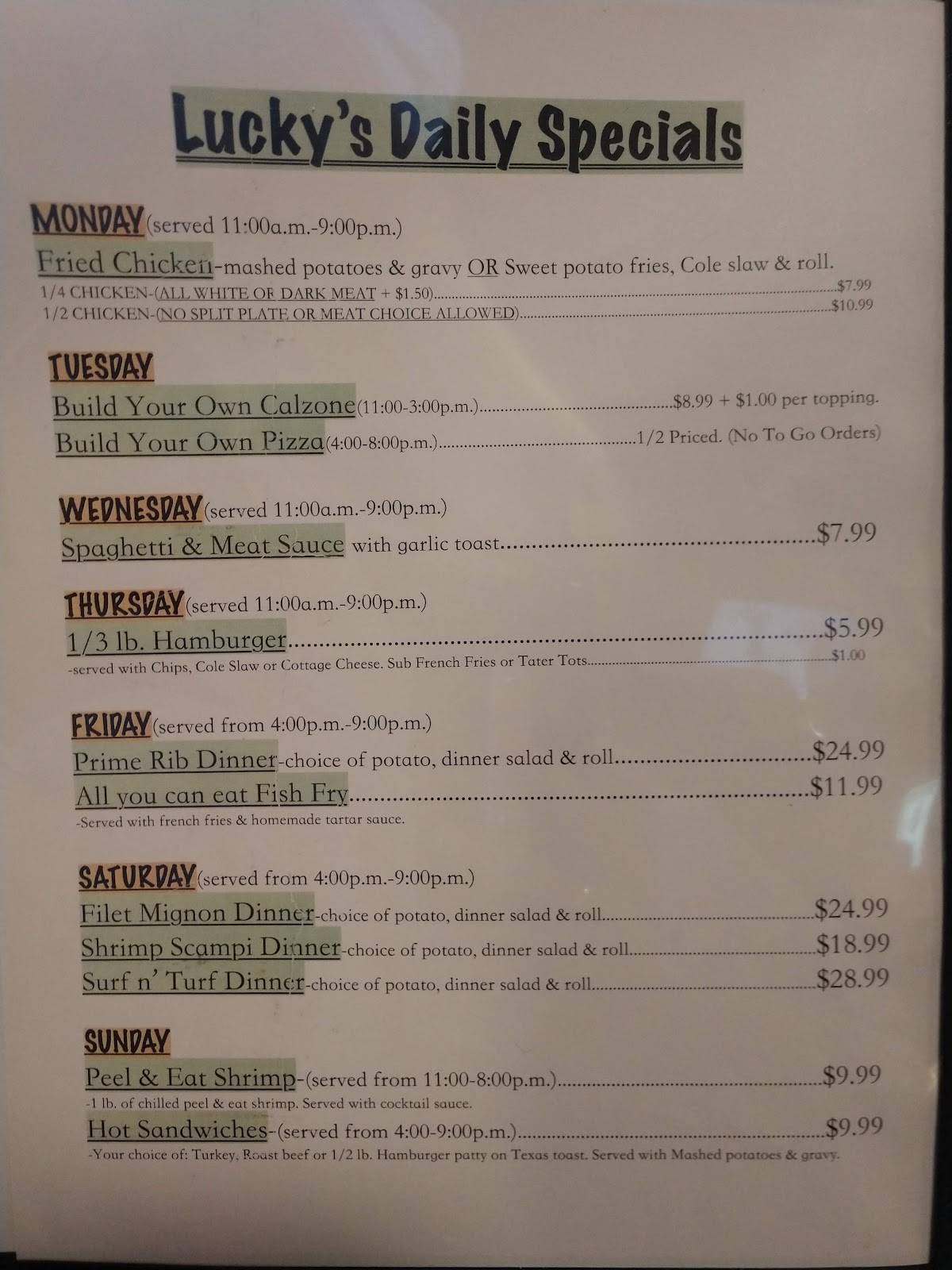 Menu at Lucky's Tavern pub & bar, Pequot Lakes