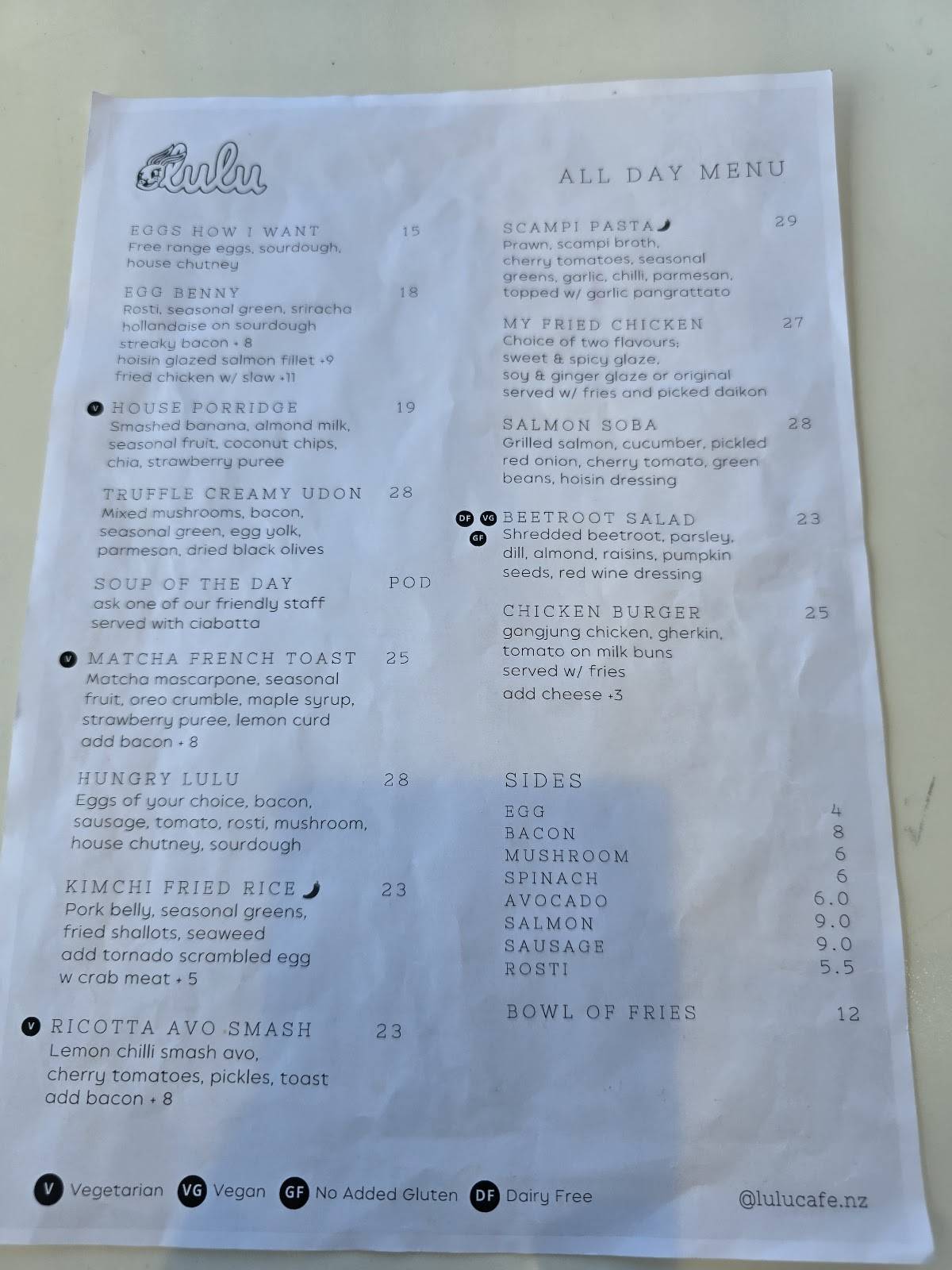 Menu at Lulu cafe, Auckland
