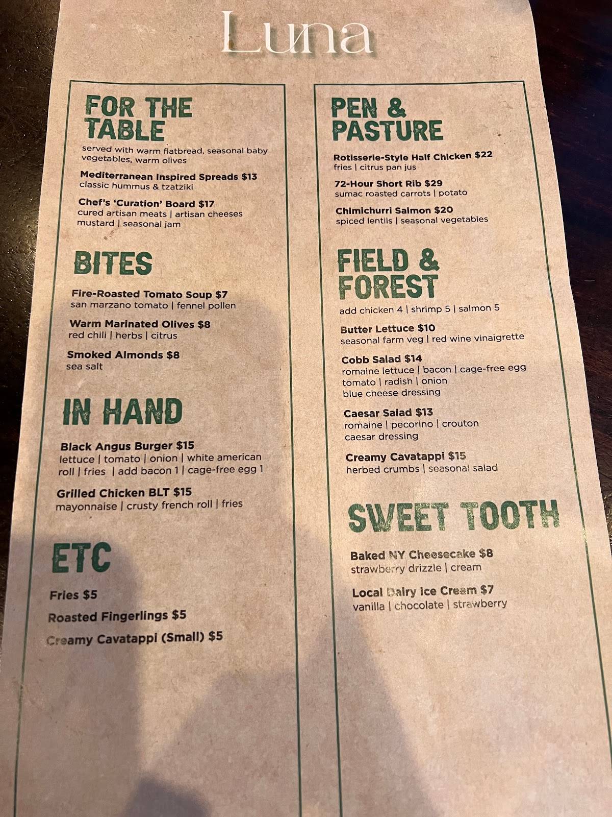 Menu at Luna Restaurant & Bar, Nassau Bay, E NASA Pkwy