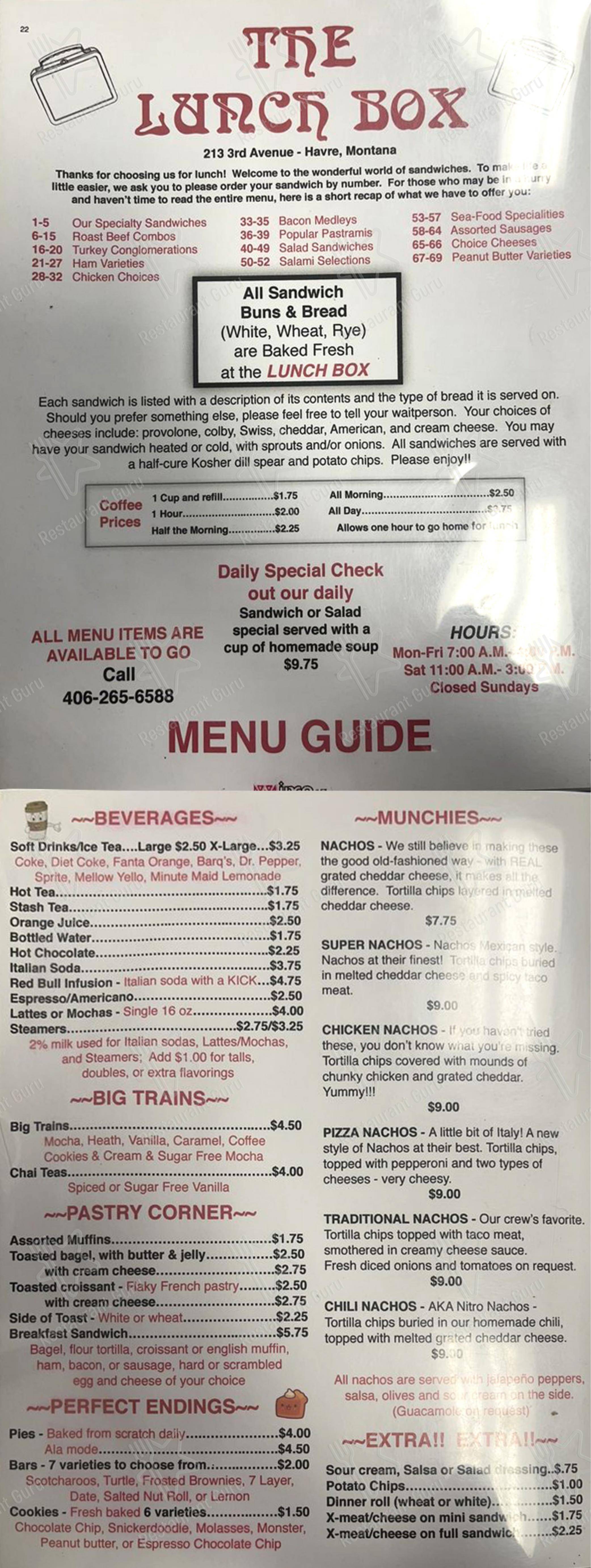 Menu at Lunch Box cafe, Havre
