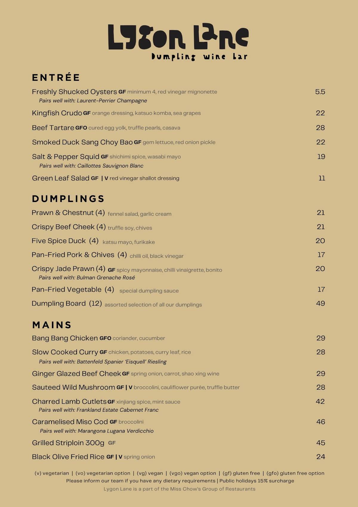 Menu at Miss Chow's Petit Claremont pub & bar, Claremont