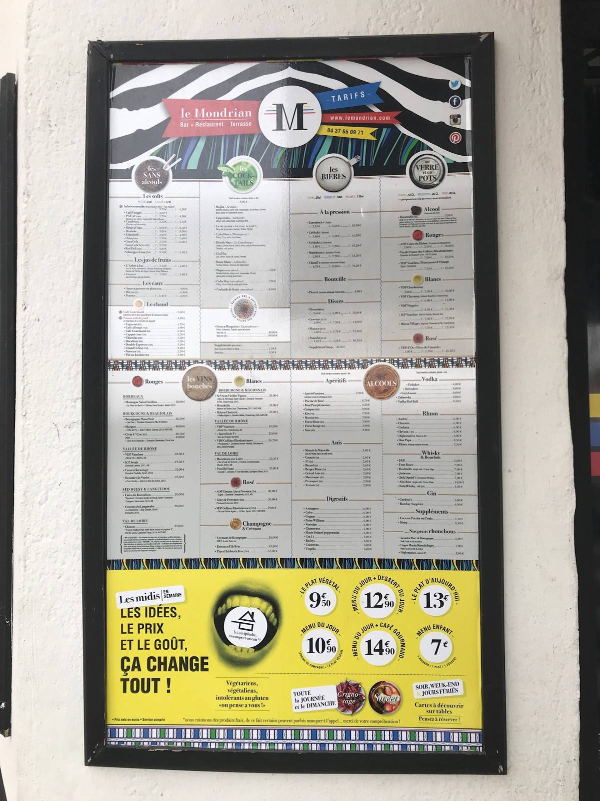 Menu au Le Mondrian pub et bar, Lyon