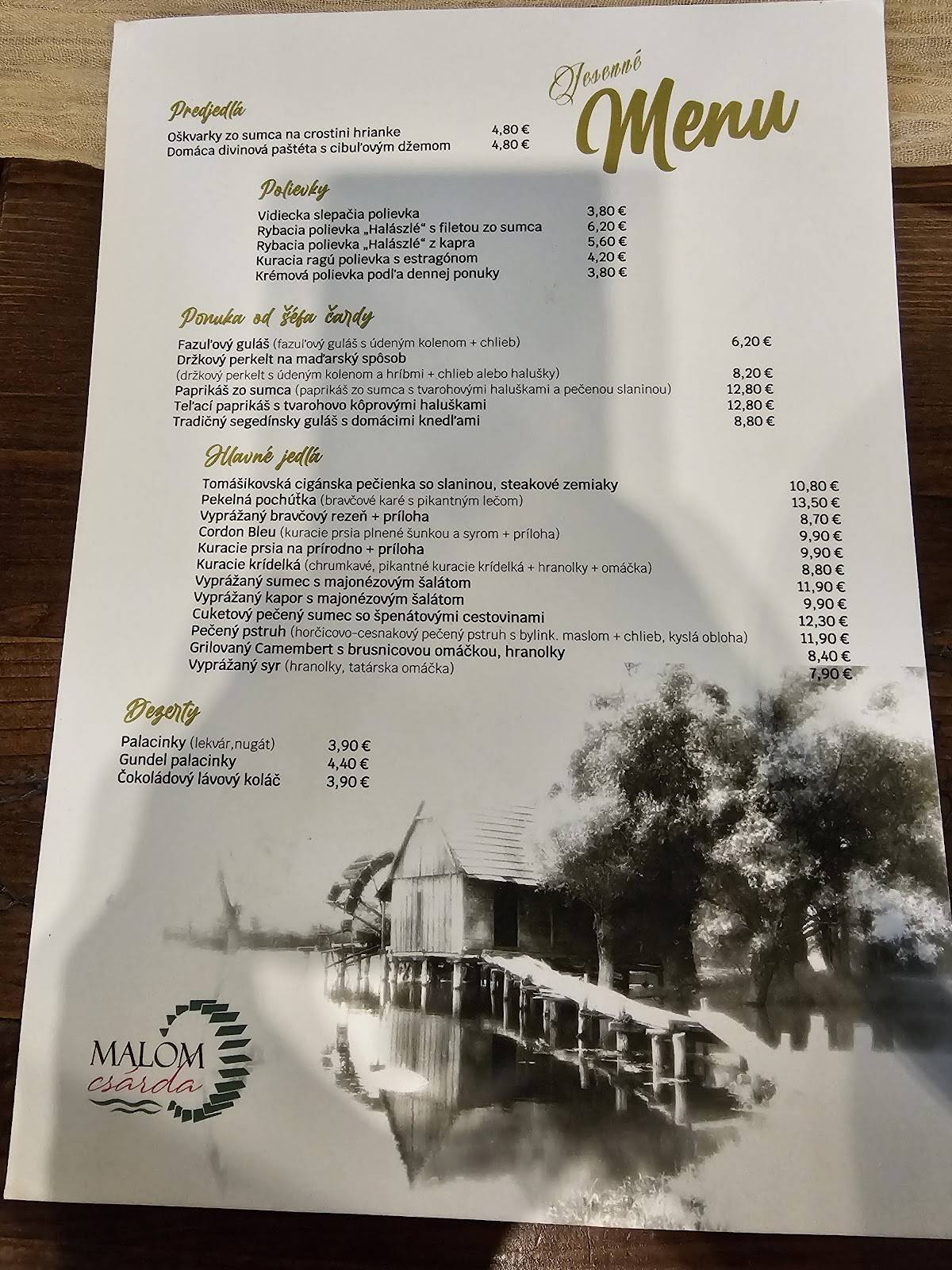 Menu at MALOM CSÁRDA (Tomášikovo) restaurant, Tomášikovo