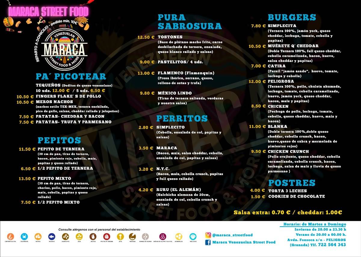 Carta del restaurante MARACA Venezuelan Street Food, Granada