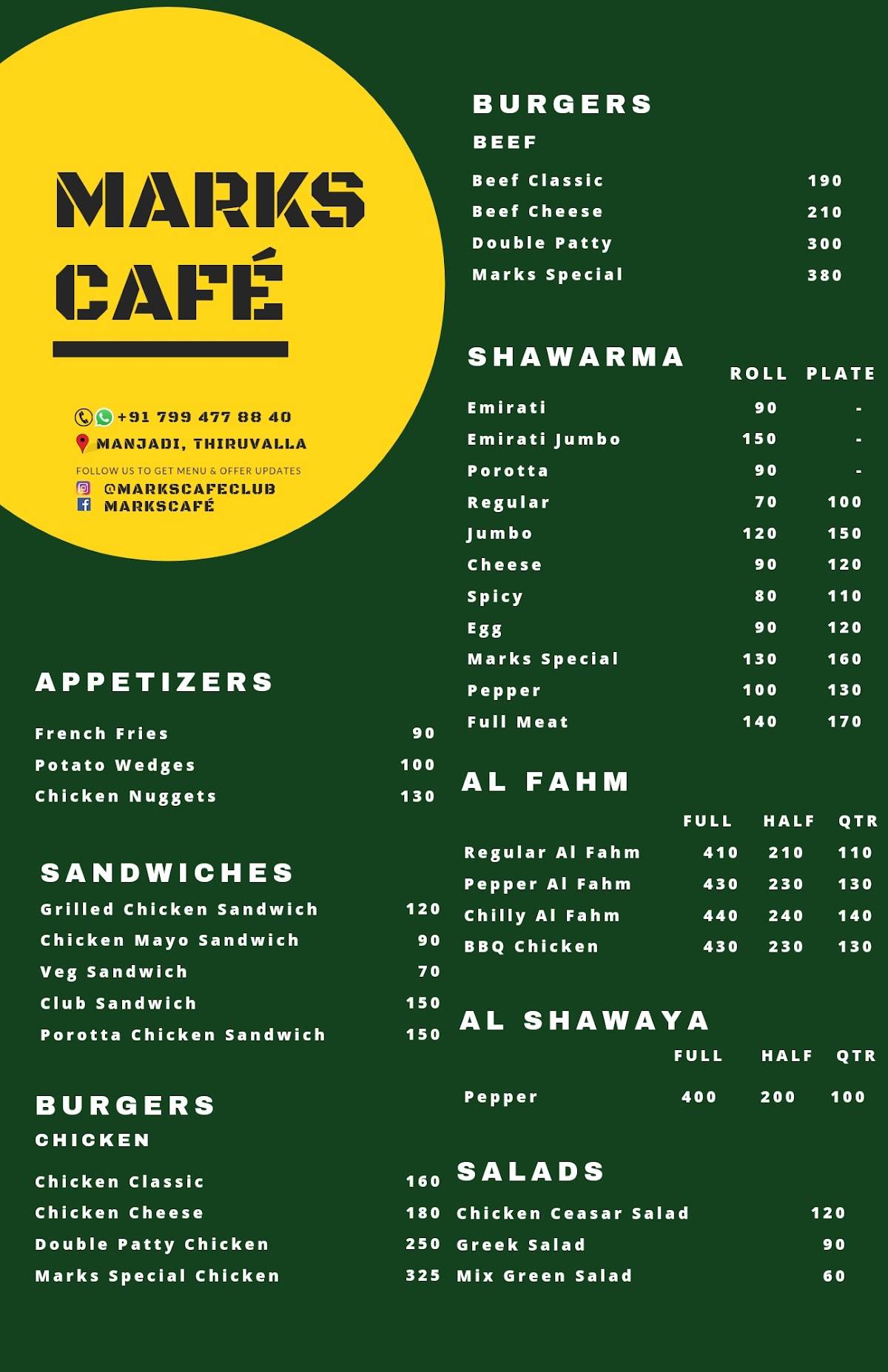 Menu at MARKS CAFÉ, Thiruvalla