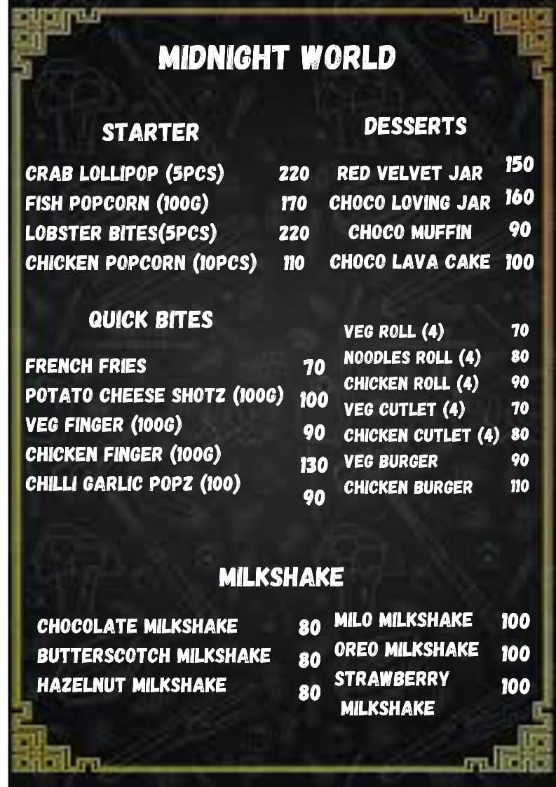 Menu at MIDNIGHT WORLD, Chennai