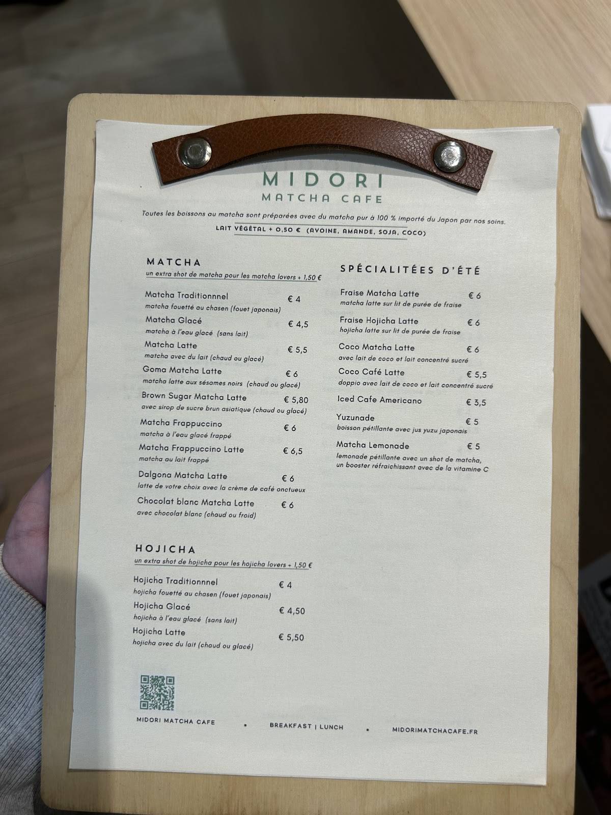 Menu at MIDORI matcha café, Lyon