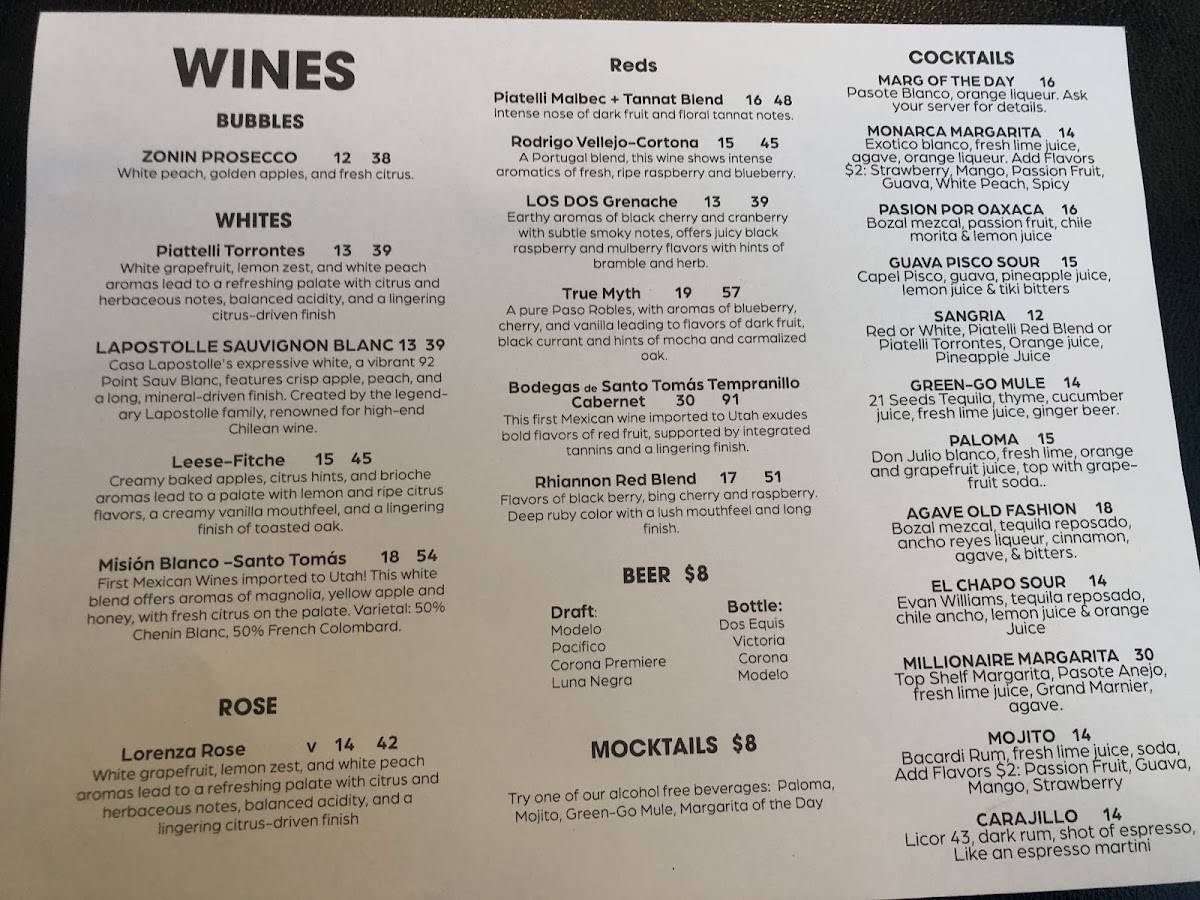 Menu at MONARCA restaurant, Salt Lake City
