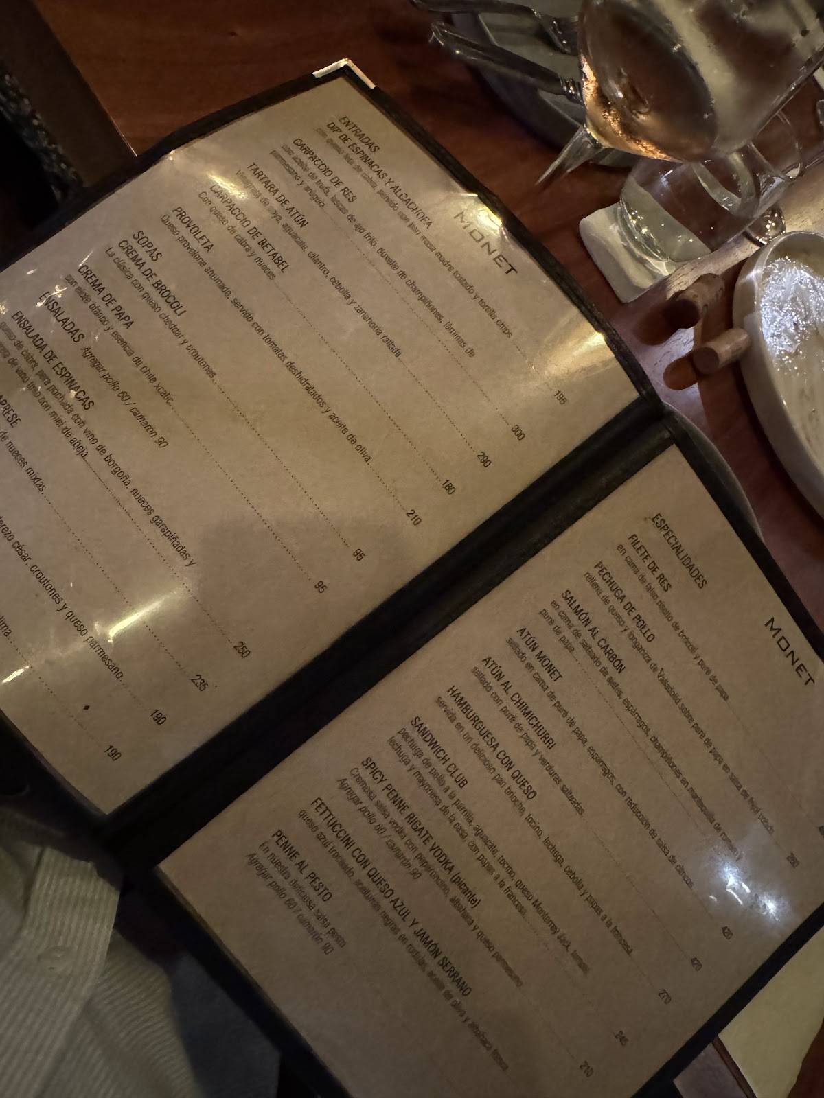 Menu at MONET restaurant, Merida