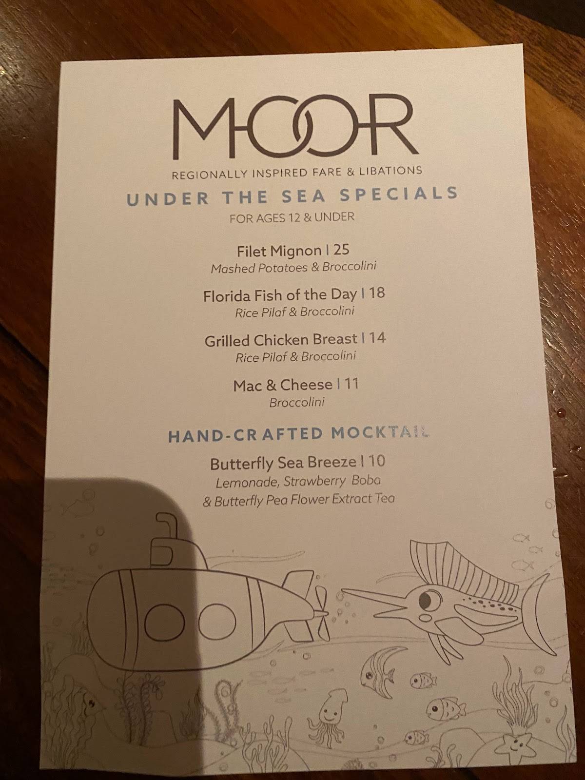 Menu at MOOR restaurant, Kissimmee