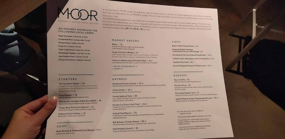 Menu at MOOR restaurant, Kissimmee