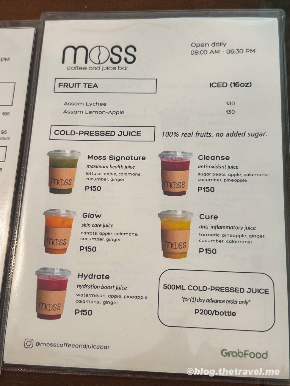 Menu at MOSS Coffee and Juice Bar, Bacolod
