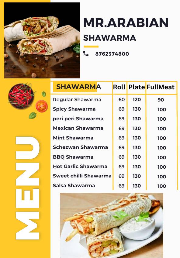 Menu at MR ARABIAN SHAWARMA, Mysuru