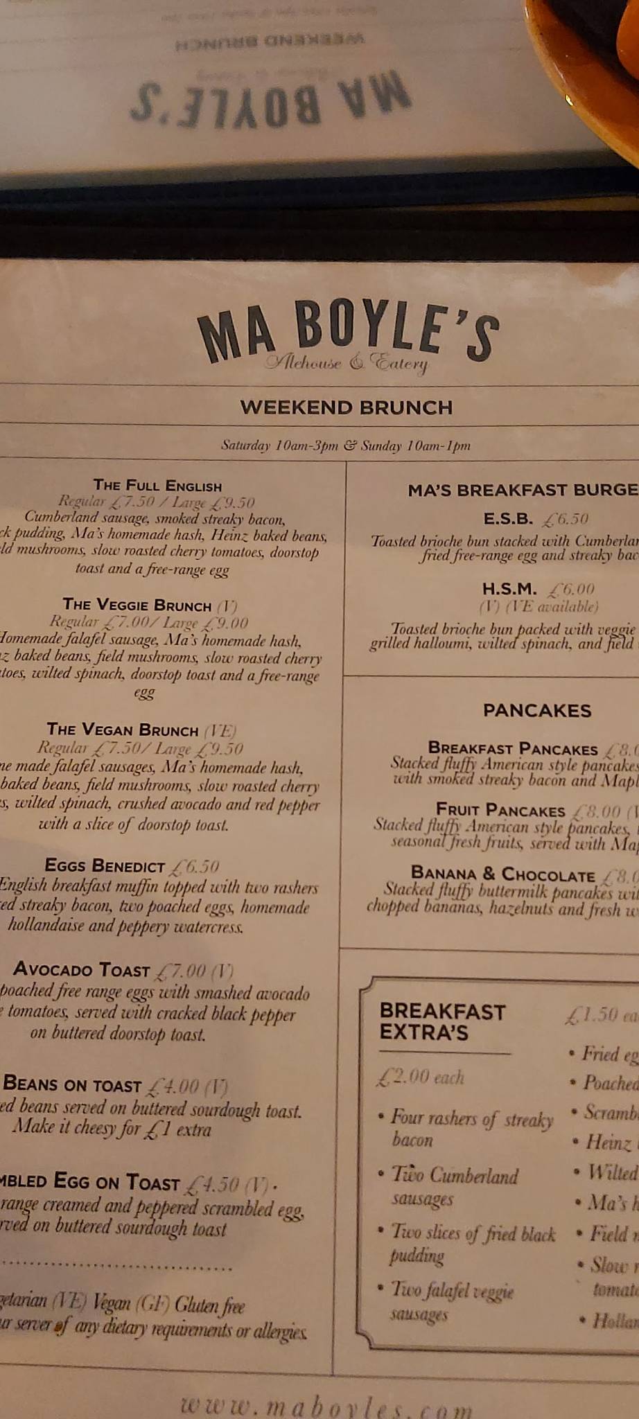 Menu at Ma Boyle's Alehouse and Eatery pub & bar, Liverpool