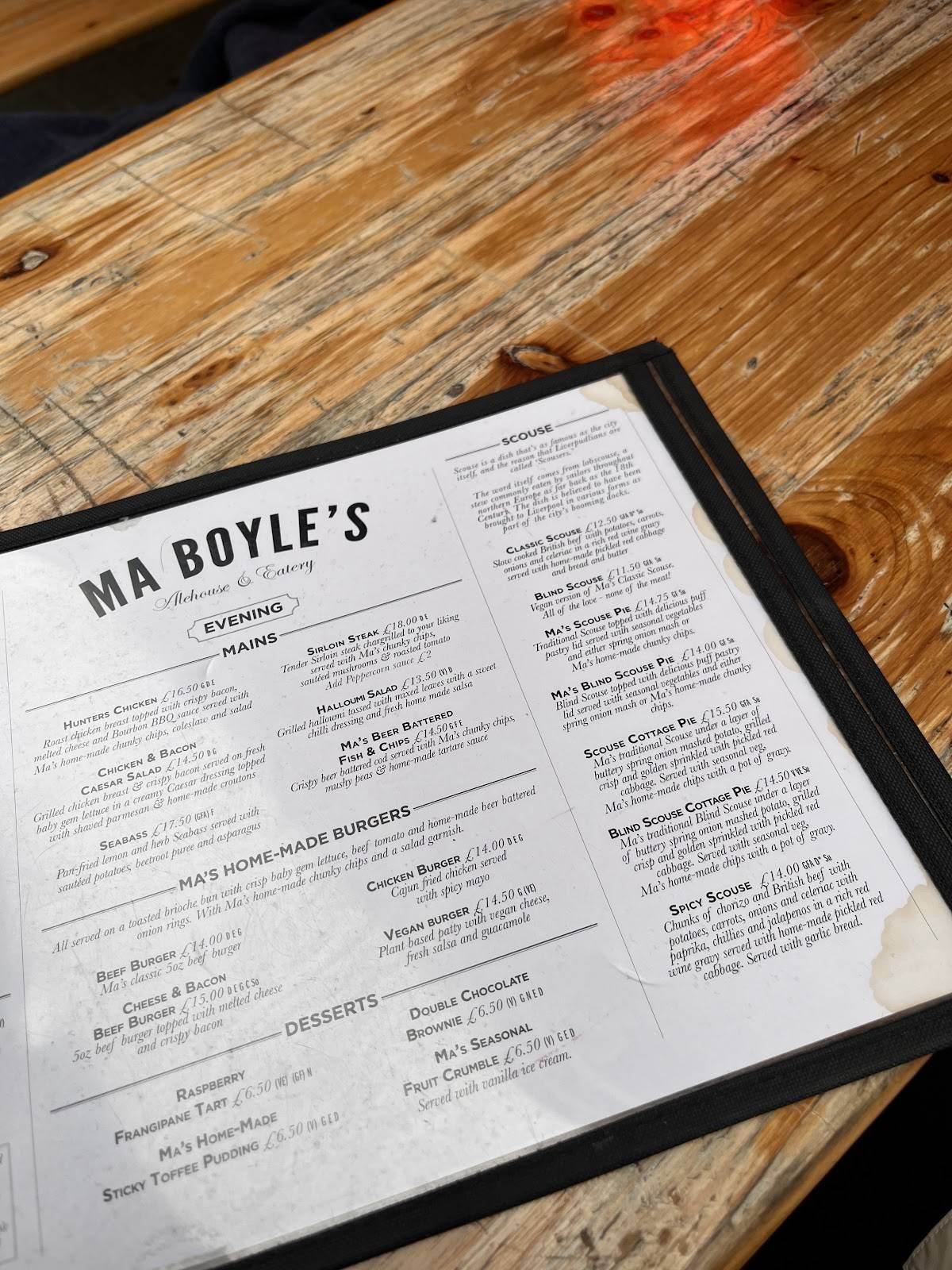 Menu at Ma Boyle's Alehouse and Eatery pub & bar, Liverpool
