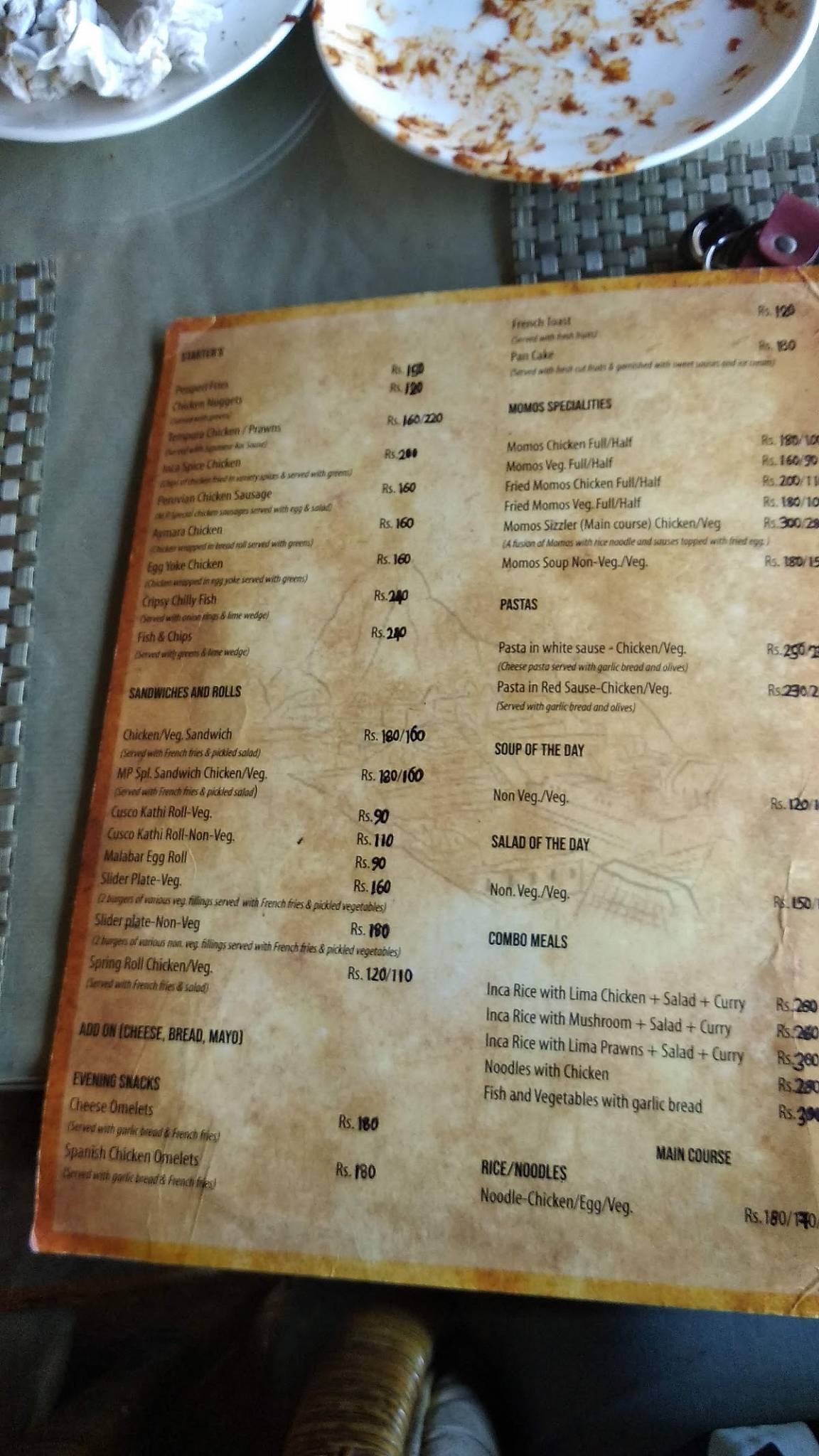 Menu at Machu picchu cafe, Thrissur